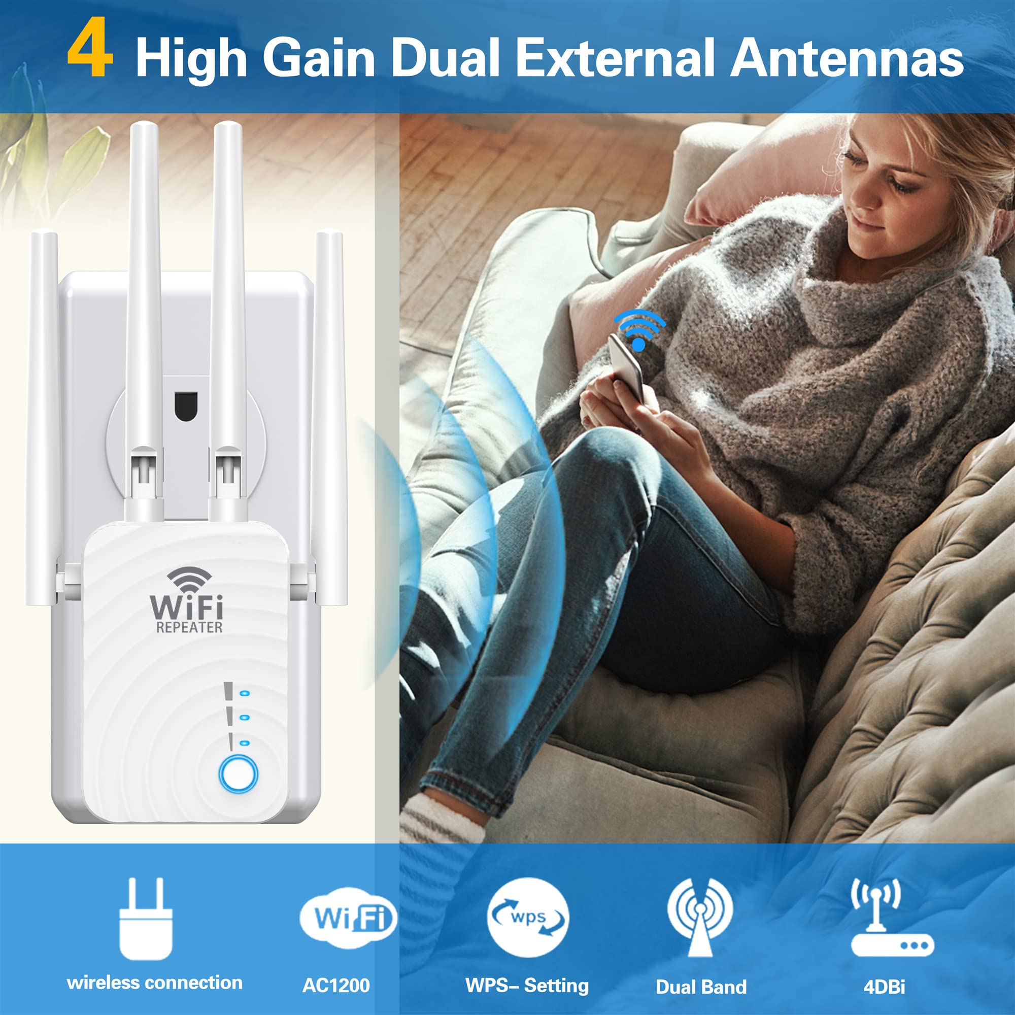 WiFi Extender WiFi 6 Signal Booster Long Range Coverage to 8500sq.ft and 45+ Devices, WiFi 2.4&5GHz Dual Band WPS WiFi Signal Strong Penetrability, 360°Coverage Supports Ethernet Port