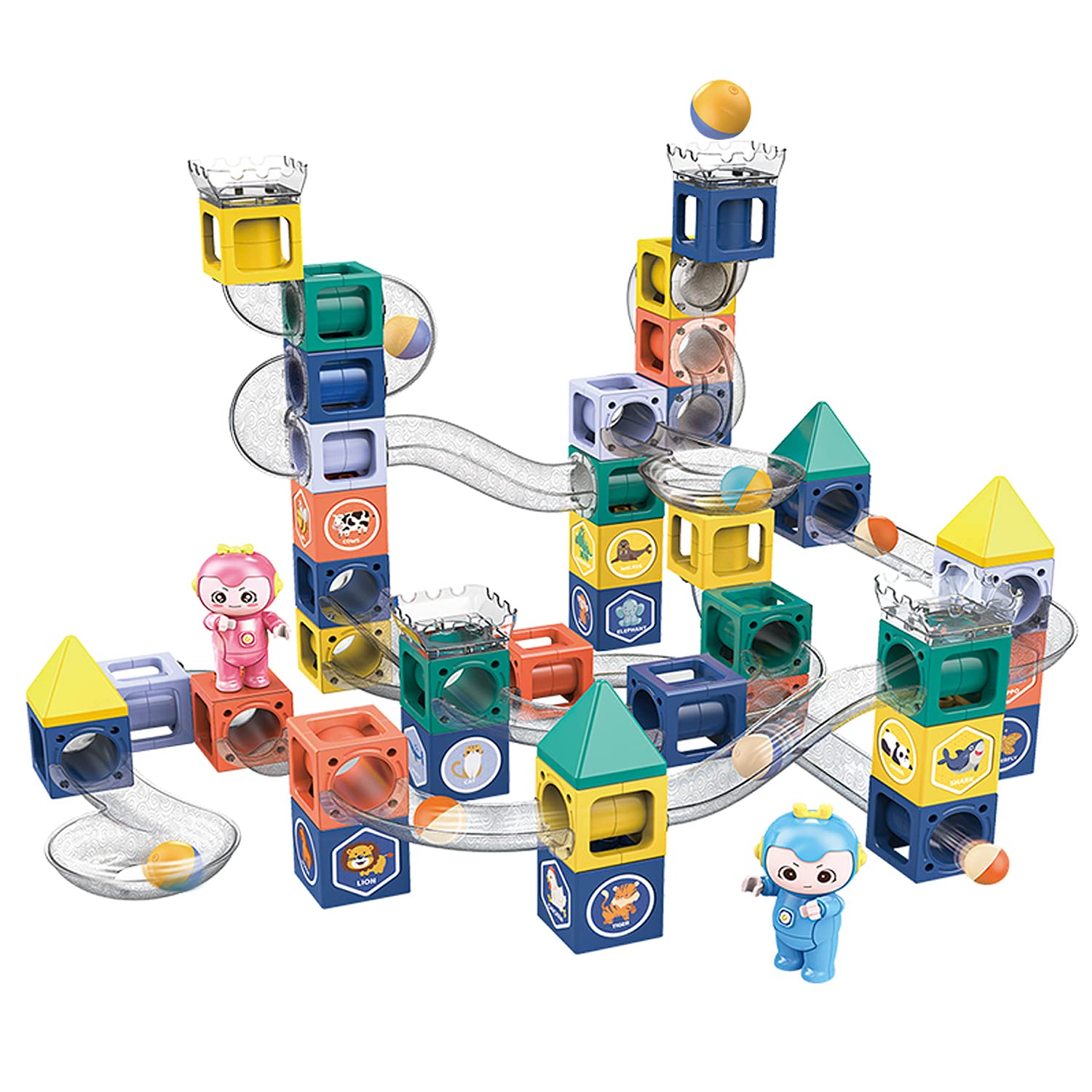 Qizfun Marble Run Magnetic Stacking Blocks, STEM Magnet Building Toy Set Includes 2 Cute Dolls for Imaginative Play, Preschool Education Toy for 3-7 Year Old Boys & Girls (Classic Edition/52 Pcs)