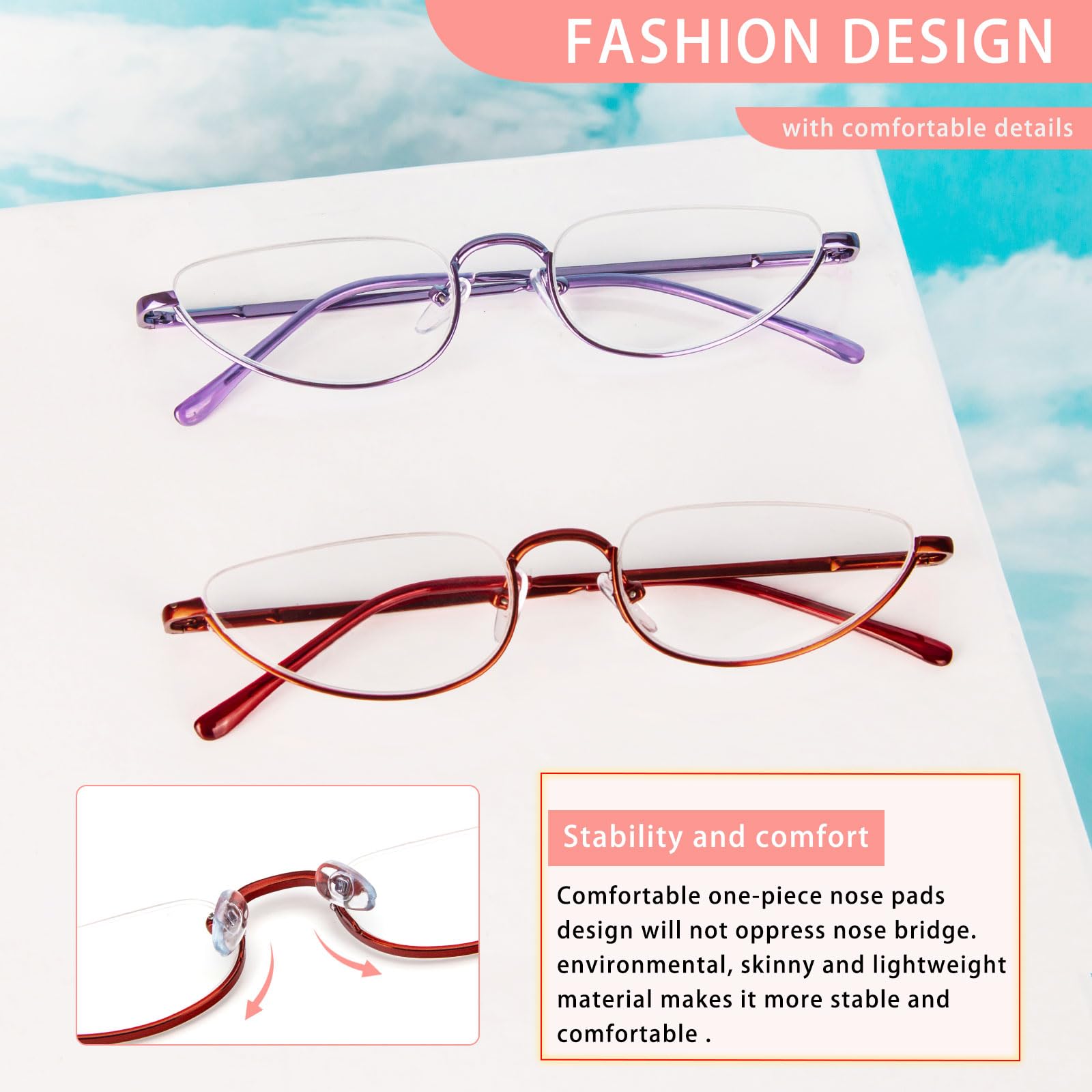 KoKoBin Half Reading Glasses for Men Women,Half Moon Metal Frame Lens Spring Hinge Readers, Purple+Red 2.00