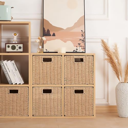 WENFOME Set of 3 Woven Storage Baskets for Shelves, Paper Rope Handmade Open Storage Bins, Pantry Baskets Organization Basket Seagrass Baskets Folding Storage Basket for Toy, Wicker Basket for Bedroom