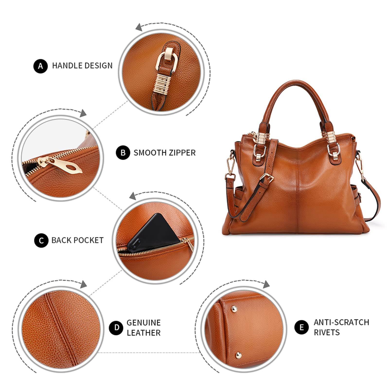 Kattee Women's Vintage Genuine Leather Tote Handbag Purse Crossbody Satchel Bag Soft Leather Shoulder Bag (Brown)