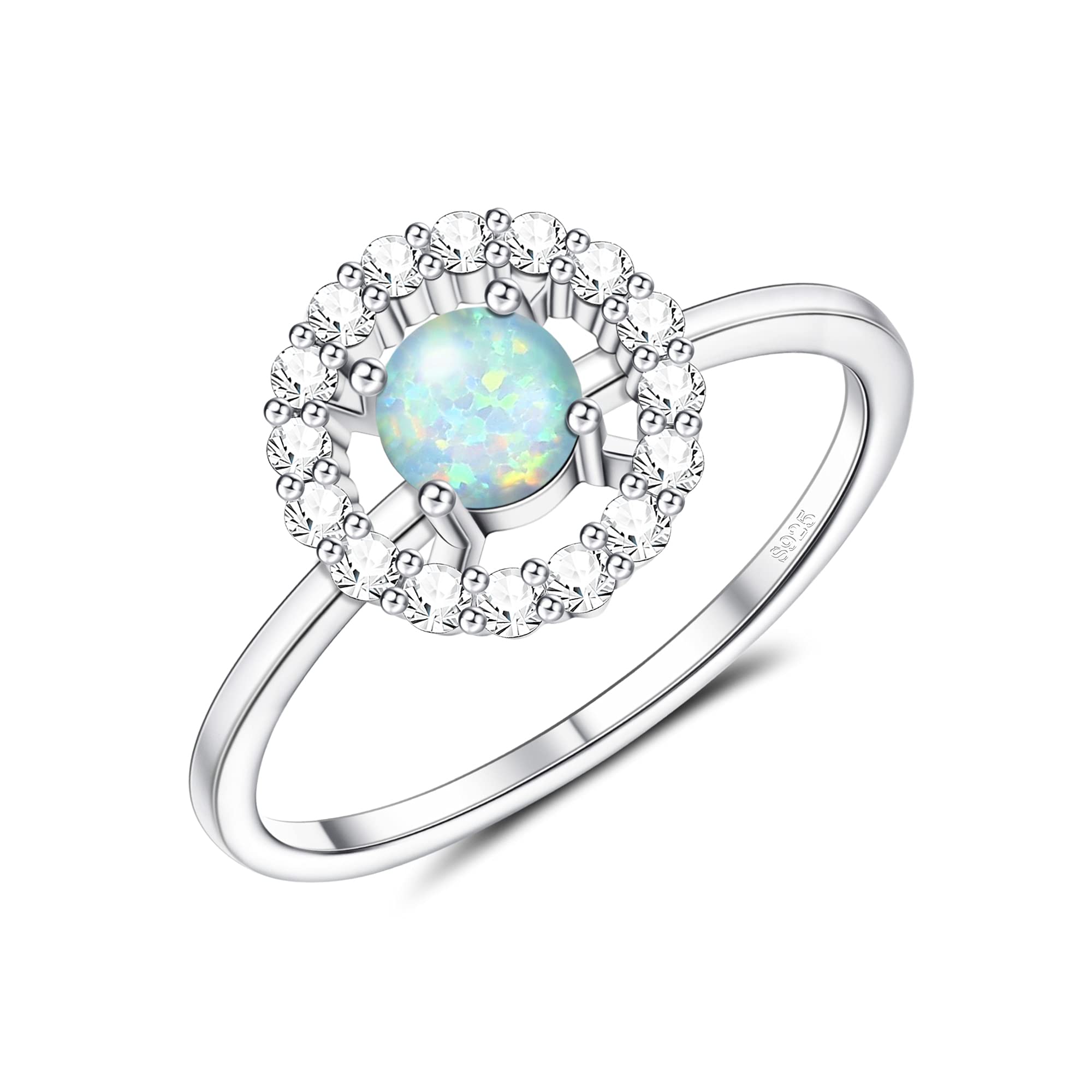 MUSECLOUD Created Opal Rings 925 Sterling Silver Birthstone Rings for Women White Gold Plated Halo Band Rings Birthday Gift Eternity Promise Engagement Rings for Her Size 5-9(7)