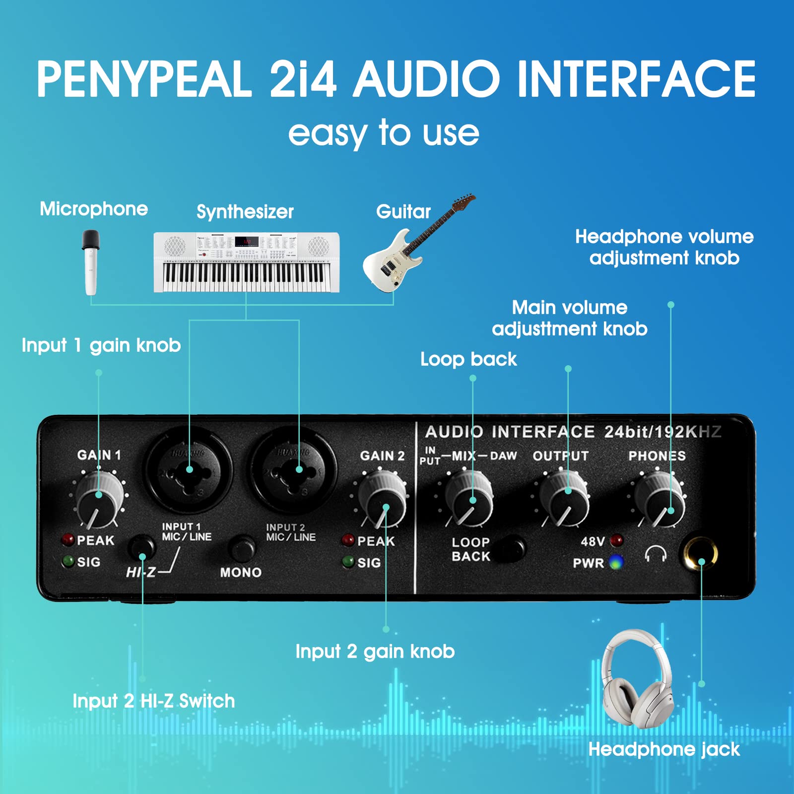 penypeal USB Audio Interface for PC 2-in 4-out with XLR Mic Amplifier,Hi-Z Switch,LOOPBACK,48V Phantom Power,24-bit/192 kHz TRS Balanced Ultra-Low Latency Monitor, Recording, Streaming and Podcasting