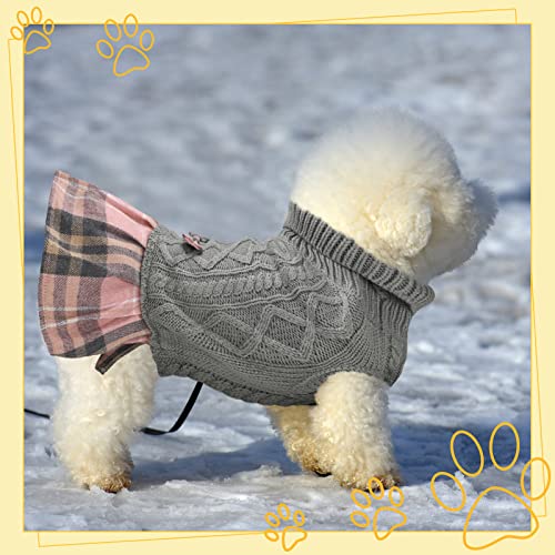 Weewooday 2 Pieces Dog Sweater Plaid Dress Turtleneck with Bow Tie Cold Weather Sweater Pet Sweater Pullover Knitwear Puppy Sweater for Fall Winter Red and Gray (Medium)
