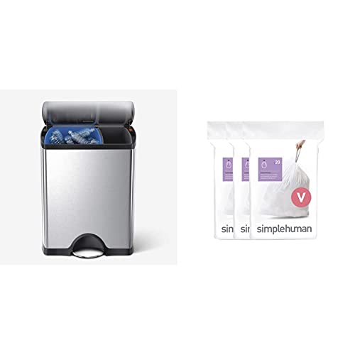 simplehuman Rectangular Dual Compartment Recycling Kitchen Step Trash Can, 46 Liter, Brushed Stainless Steel & Code V Custom Fit Drawstring Trash Bags, 16-18 Liter / 4.2-4.8 Gallon, White, 60 Count
