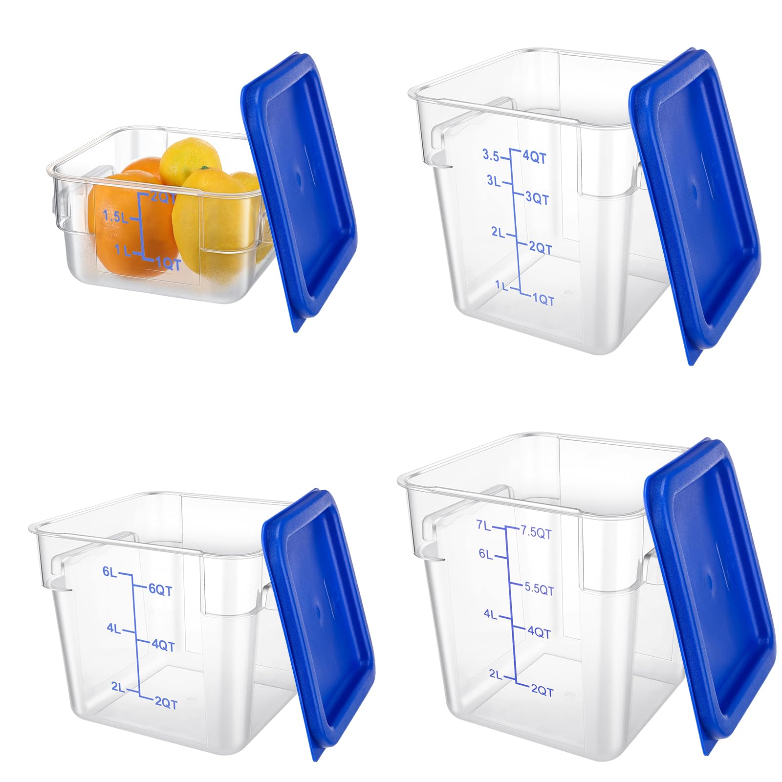 Kigley 4 Pcs Food Storage Containers with Lids Set 2 Qt 4 Qt 6 Qt 7.5 Qt Clear Square Commercial Food Storage Container with Scale Handle for Home Restaurant Kitchen Food Prep(Red)