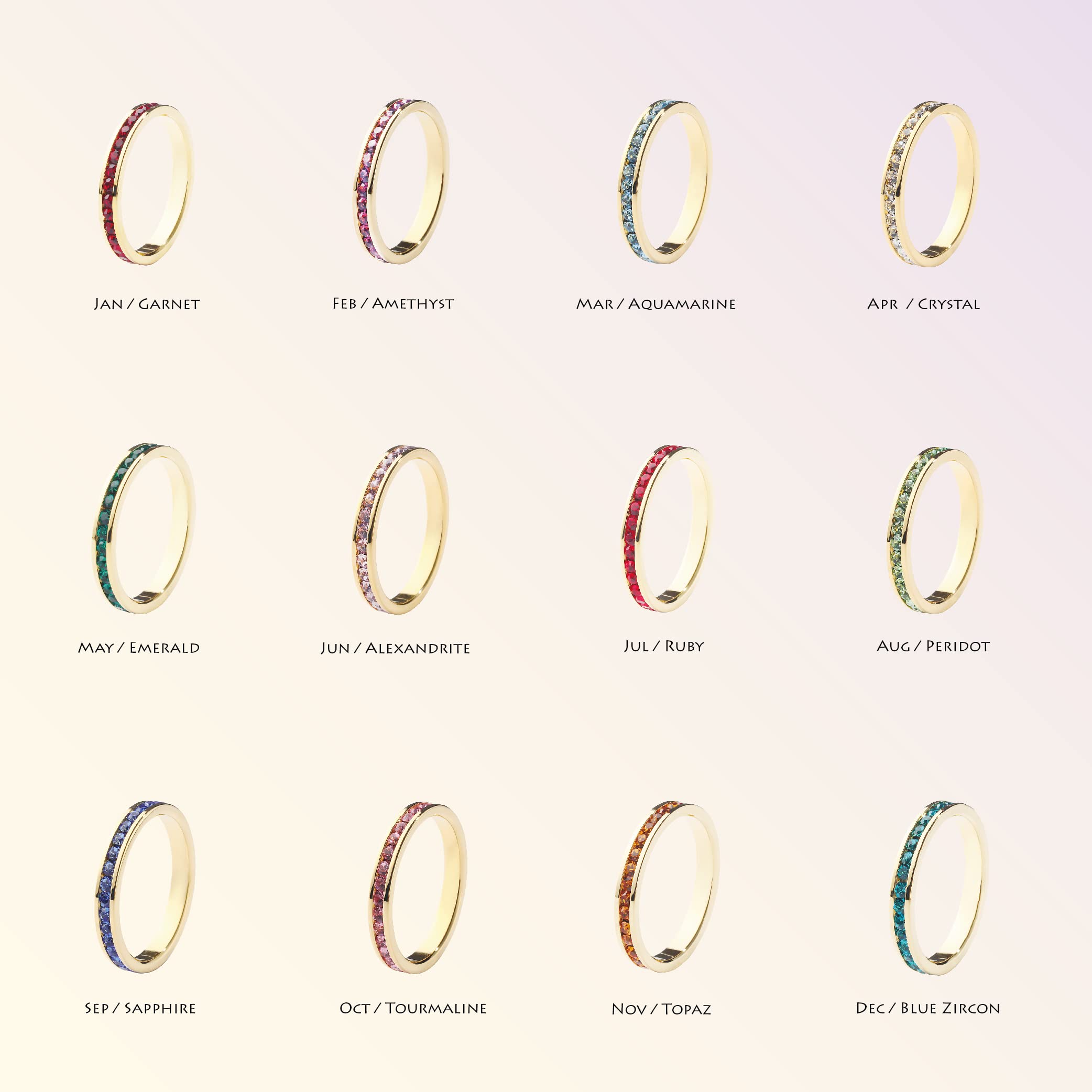 Muses Art Design Birthstone Eternity Band Ring 18K Gold (Channel Set/Full Round), Stackable Fashion Ring with Crystal Birthstone