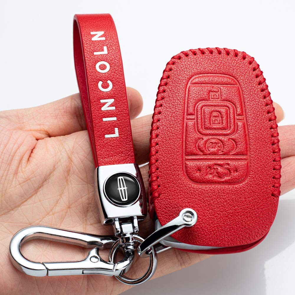 Leather Car Key Fod Cover Case Protector Keyless Compatible with Lincoln 2017 2018 2019 Lincoln Continental MKC MKZ Navigator Smart Entry Remote Key Holder 4 Buttons
