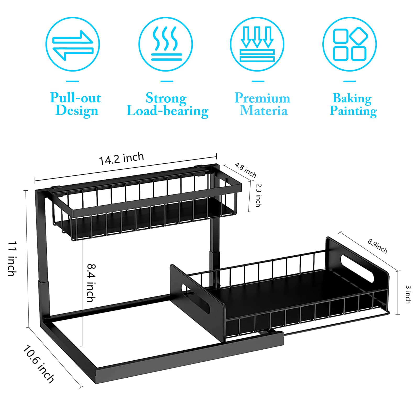 LEWORKUS Under Sink Organizer, 2-Tier with Sliding Large Capacity Heavy Load Pull-out Under Sink Shelves Multi Purpose for Under Kitchen Bathroom Sink Organizers and Storage