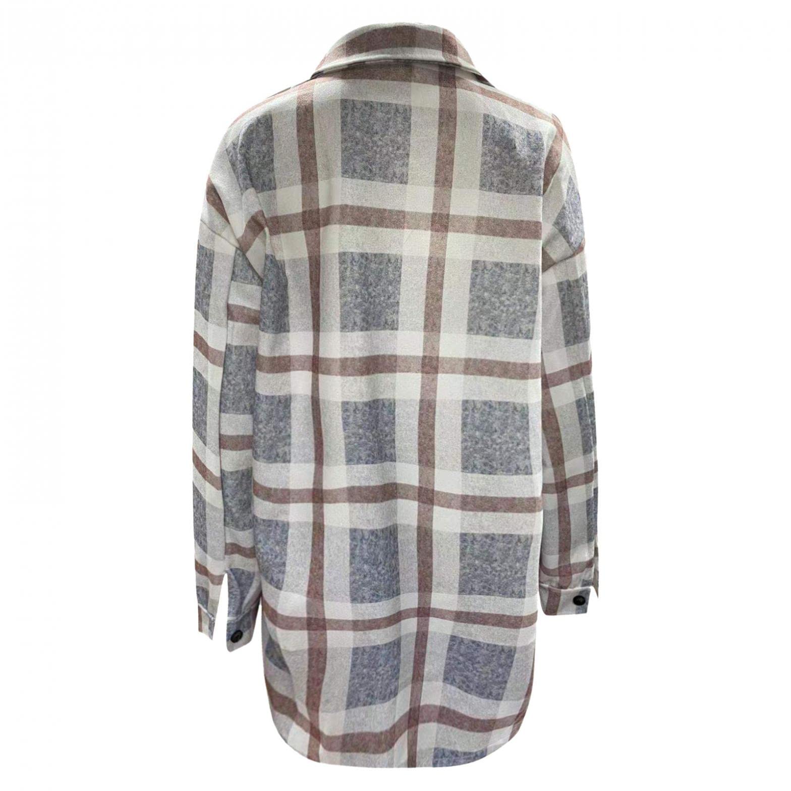 Mingleigo Womens Winter Coats Women's Plaid Brushed Shirt Jacket Flannel Shacket Button Loose Thickened Coat Plaid Shacket Womens-H8, X3-gray