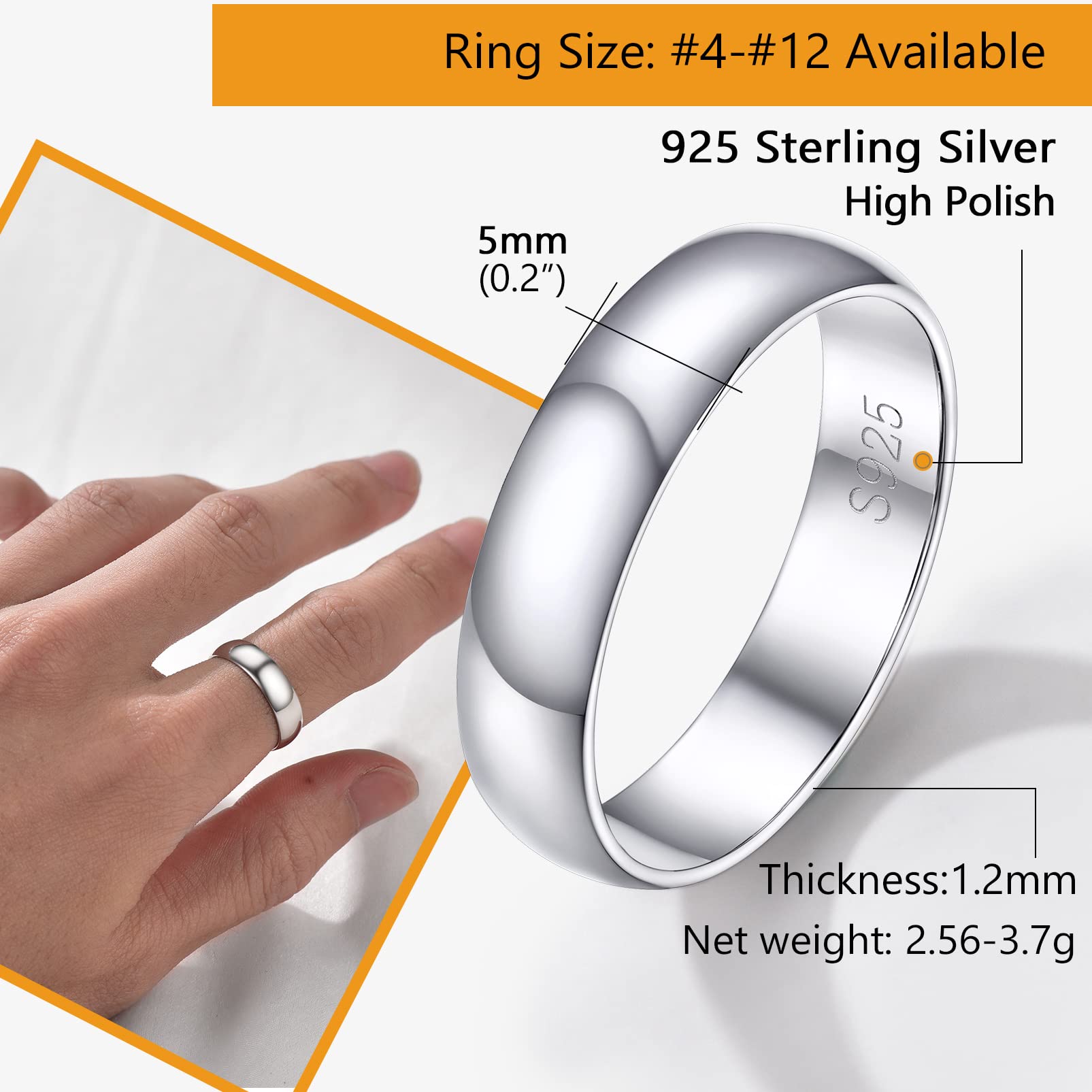 PROSILVER 5mm Sterling Silver Pinky Rings For Women Simple Ring Band Size 4