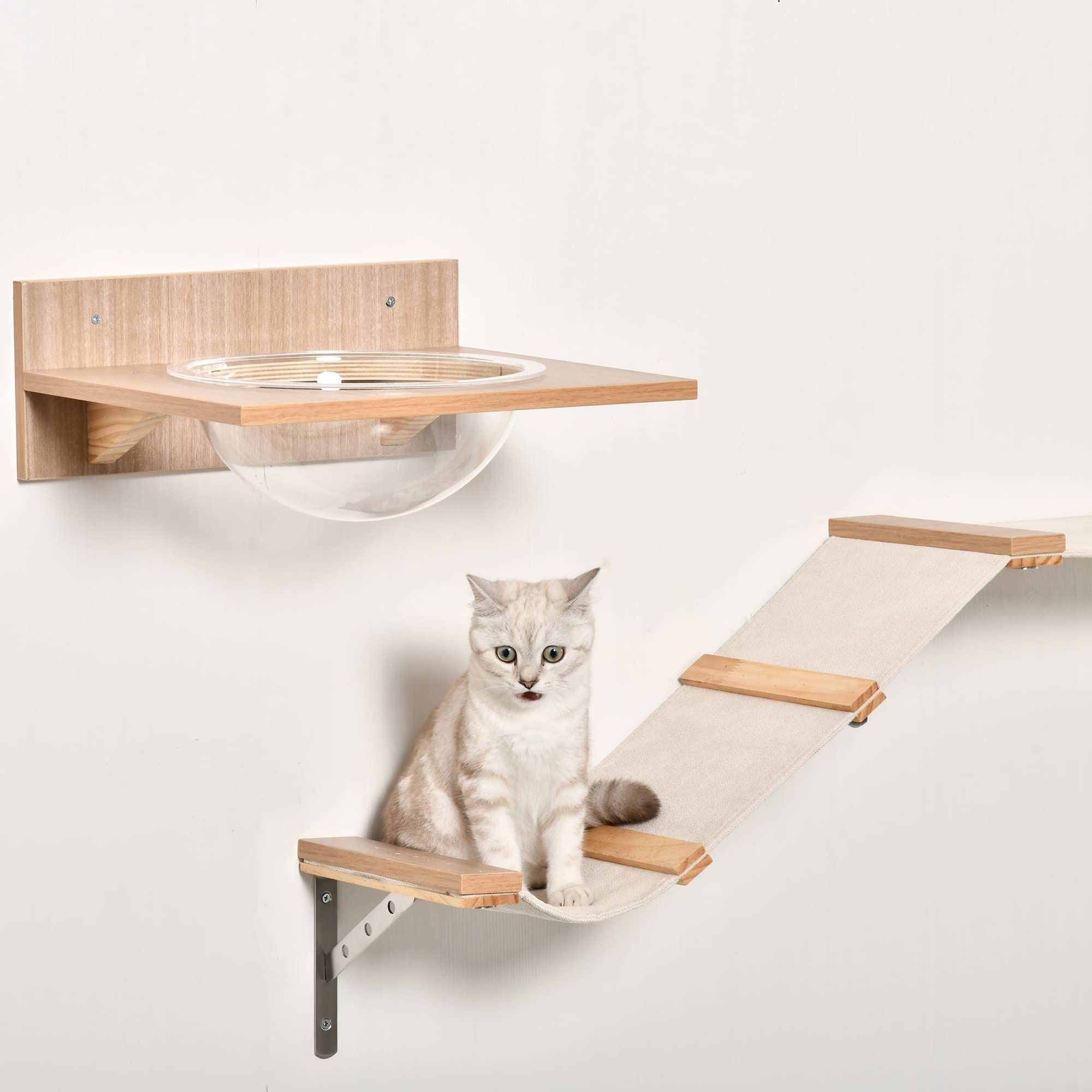 PawHut Indoor Cat Activity Tree 4-Piece Set, Mounted Pet Climbing Perches, Kitten Center with Feeding Station, Hammock Stairs, Scratching Post, Jumping Platform, Beige
