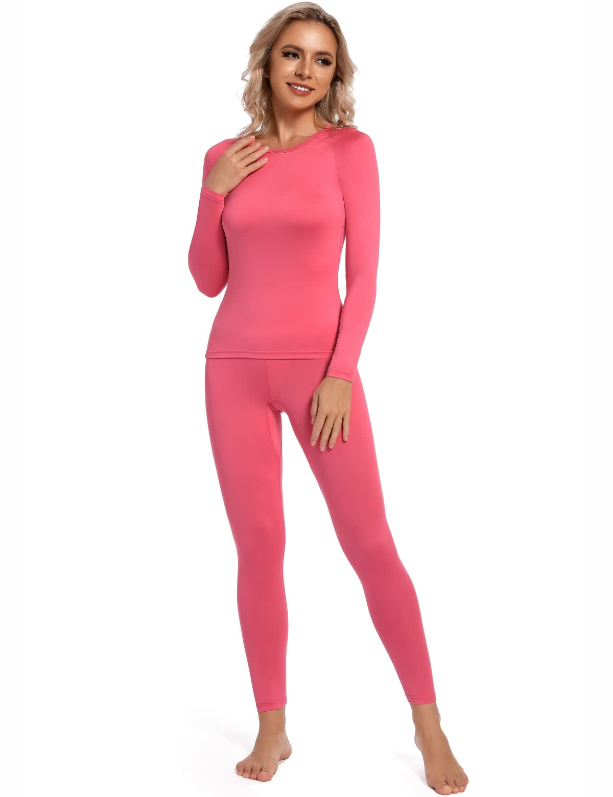 Przewalski Thermal Underwear Set For Women, Winter Long Johns Warm Up Base Layer Top and Bottom Pajama Suits Cold Weather Pink