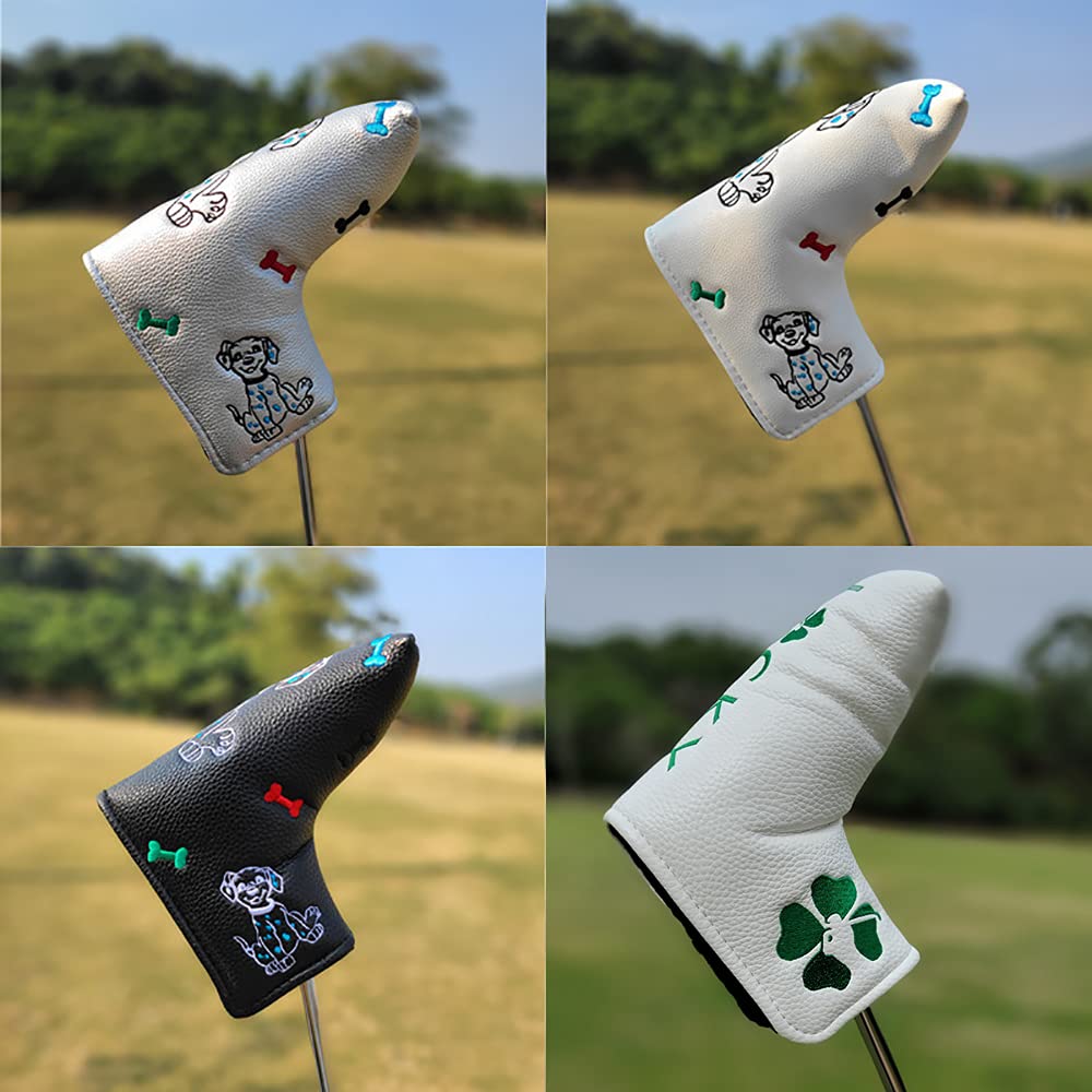 Perilynnc Golf Putter Cover Cute Cartoon Doggie Blade Putter Headcover PU Leather Golf Club Protector Headcovers Fits for Most Putters (Four Leaf Clover)