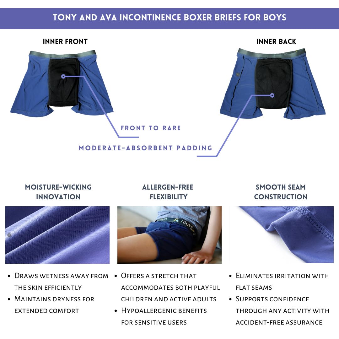 Tony and Ava Boys' Moderate Absorption Incontinence Boxer - Soft & Comfortable Underwear for Teens (Pack of 1)(Large, Blue)