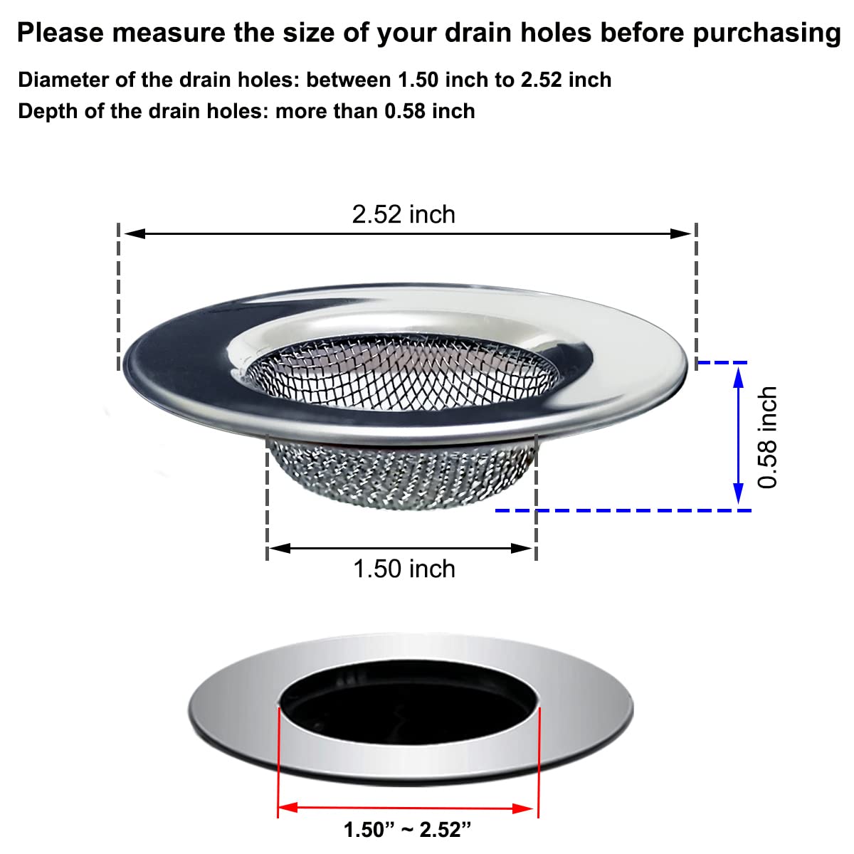 Seatery 1.50" Bathtub Strainers, Bathroom Sink Strainers, Shower Drain Hair Catcher, Drain Strainer for Laundry, Mop Pool, Utility, Slop, RV Sink, Stainless Steel, Pack-2