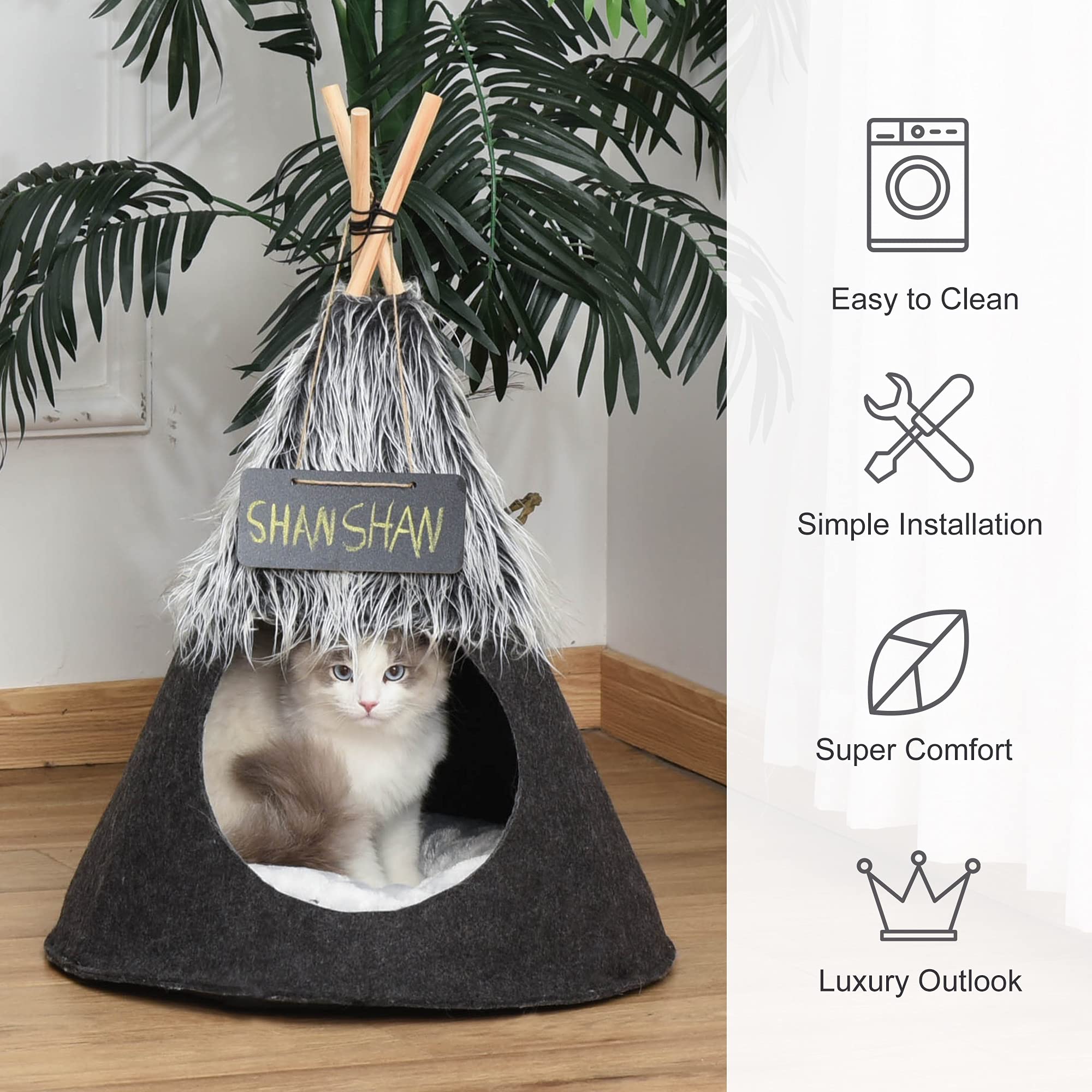 PawHut Pet Teepee Tent Cat Bed Dog House with Thick Cushion Chalkboard for Kitten and Puppy up to 13lbs 28inch Grey