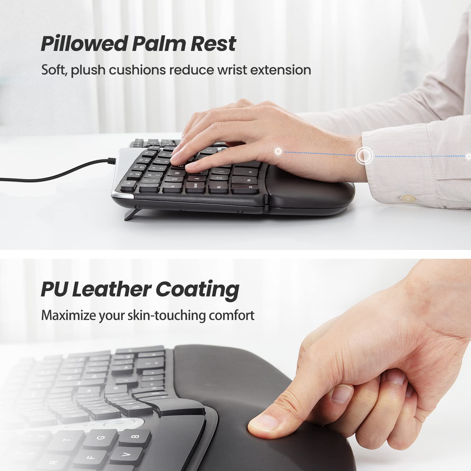 Nulea RT02 Ergonomic Keyboard, Wired Split Keyboard with Pillowed Wrist and Palm Support, Featuring Dual USB Ports, Natural Typing Keyboard for Carpal Tunnel, Compatible with Windows/Mac