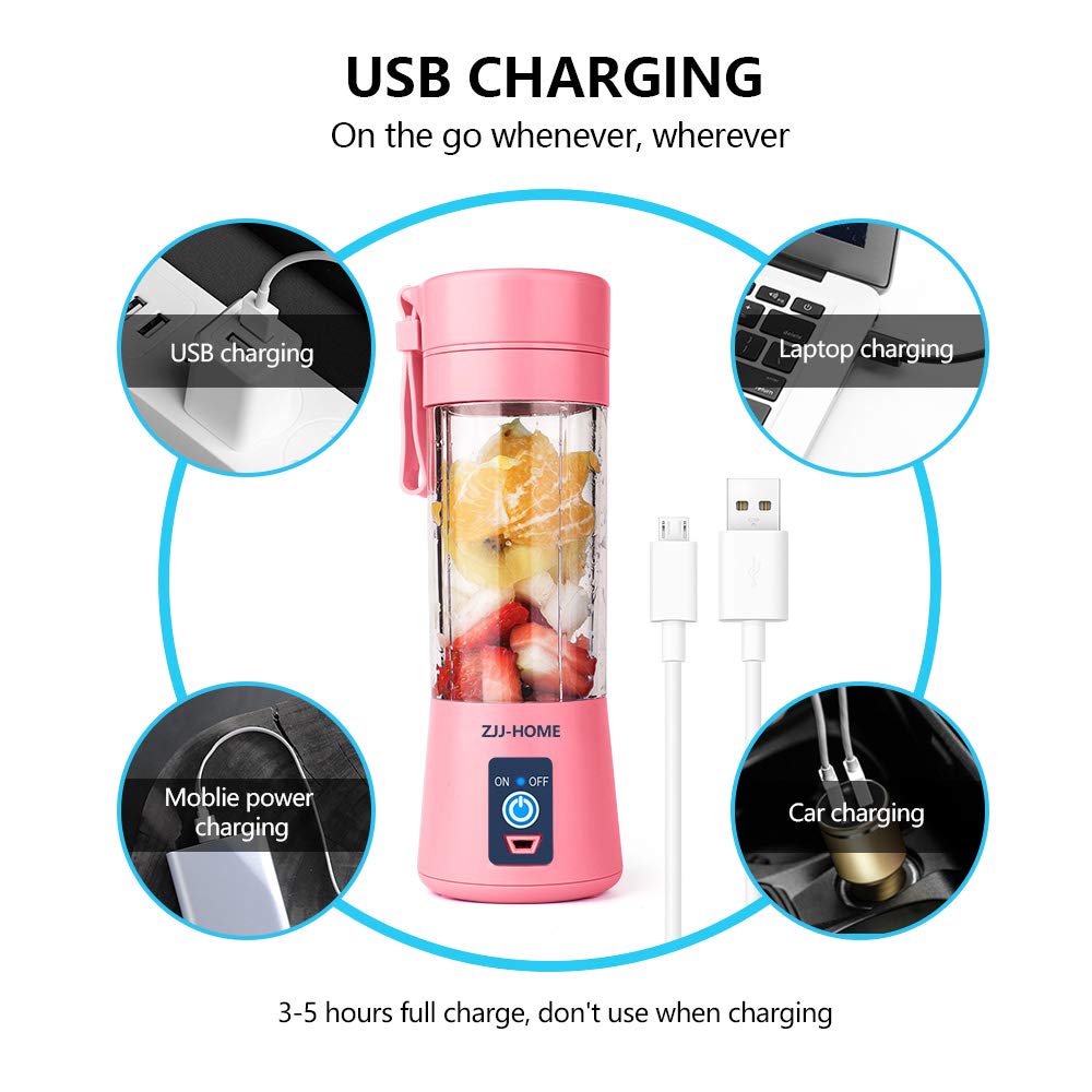 Portable Blender,Zjj-Home Smoothie Blender-Six Blades in 3D, Mini Travel Personal Blender with USB Rechargeable Batteries,Detachable Cup ,USB Juicer Cup 380ml (FDA BPA free) (pink)