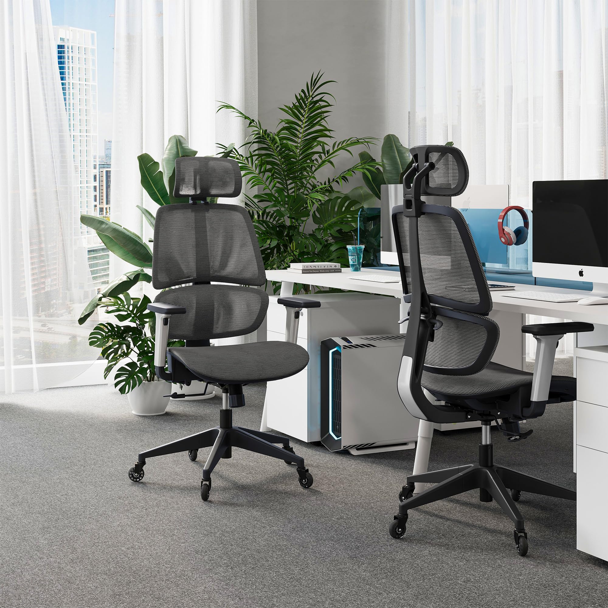 LINSY HOME High-Back Office Chair, Swivel Ergonomic Task Chair with Adjustable Headrest and Arms, Lumbar Support and PU Wheels, Computer Mesh Chair for Home Office, Dark Grey