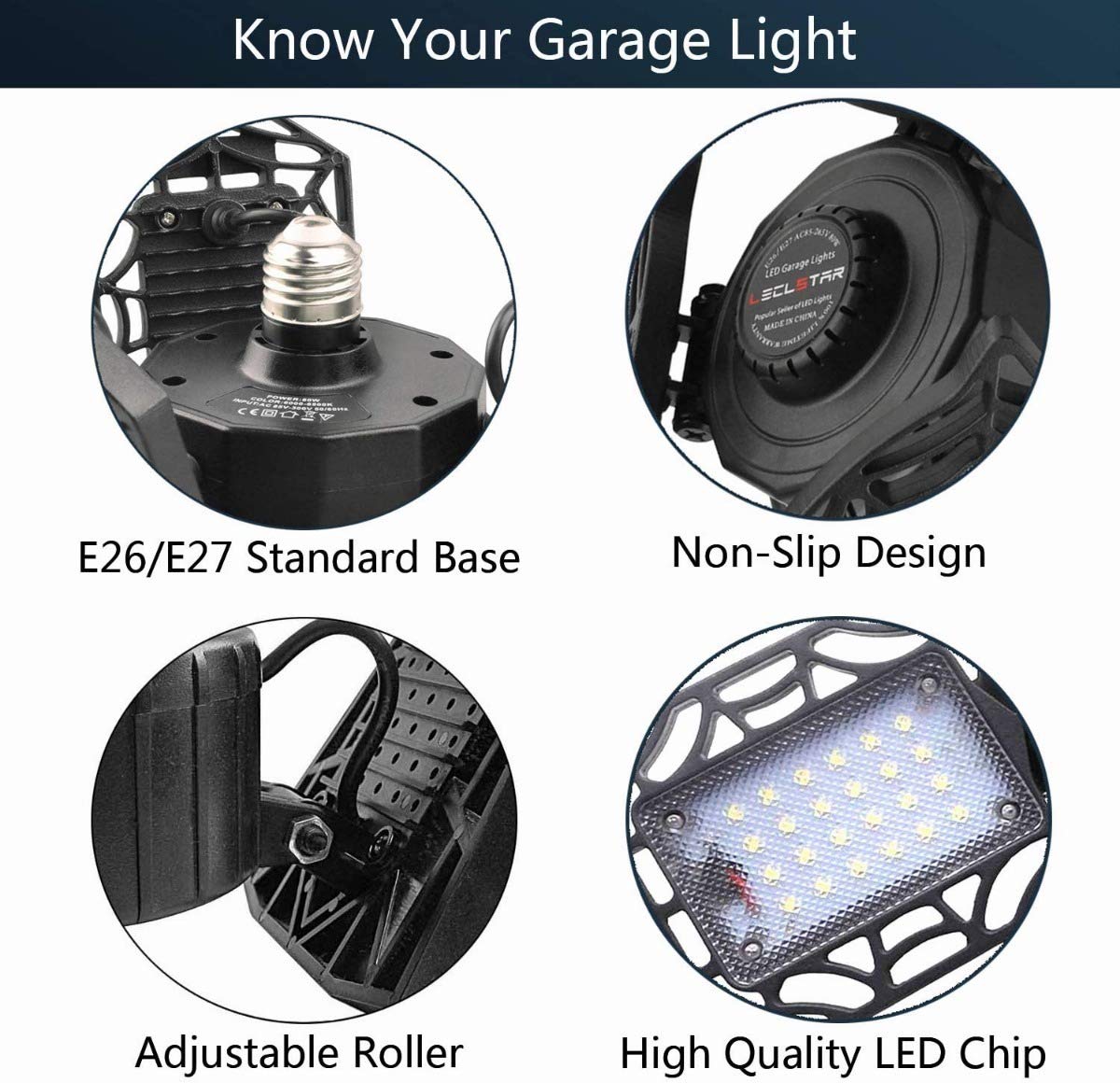 LED Garage Lights, 80W Deformable LED Garage Ceiling Light 8000LM Shop Lights Bulbs with 4 Adjustable Panels for Garage Workshop Basement Support E26/E27 Screw Socket