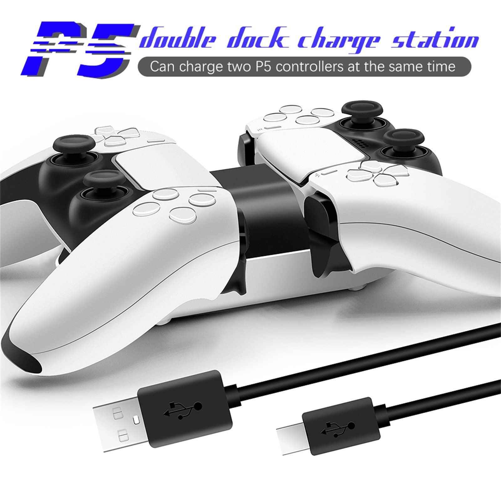 PS5 Controller Charger Station with Two Type-C Charging Dongles, PS5 Controller Fast Charging Dock with Safety Chip Protection & LED Indicator (A)