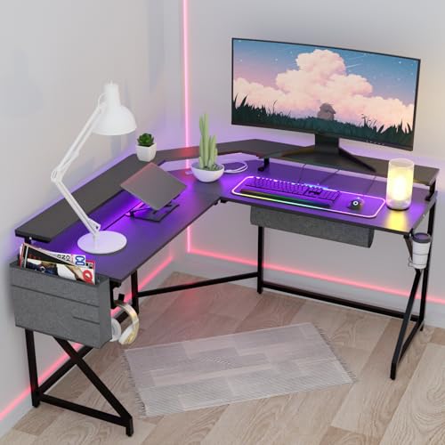 L Shaped Gaming Desk with Power Outlets, 51.5" Computer Desk with Cup Holder and Headphone Holder,Corner Desk Home Office Desk with Glowing Mouse Pad,Black