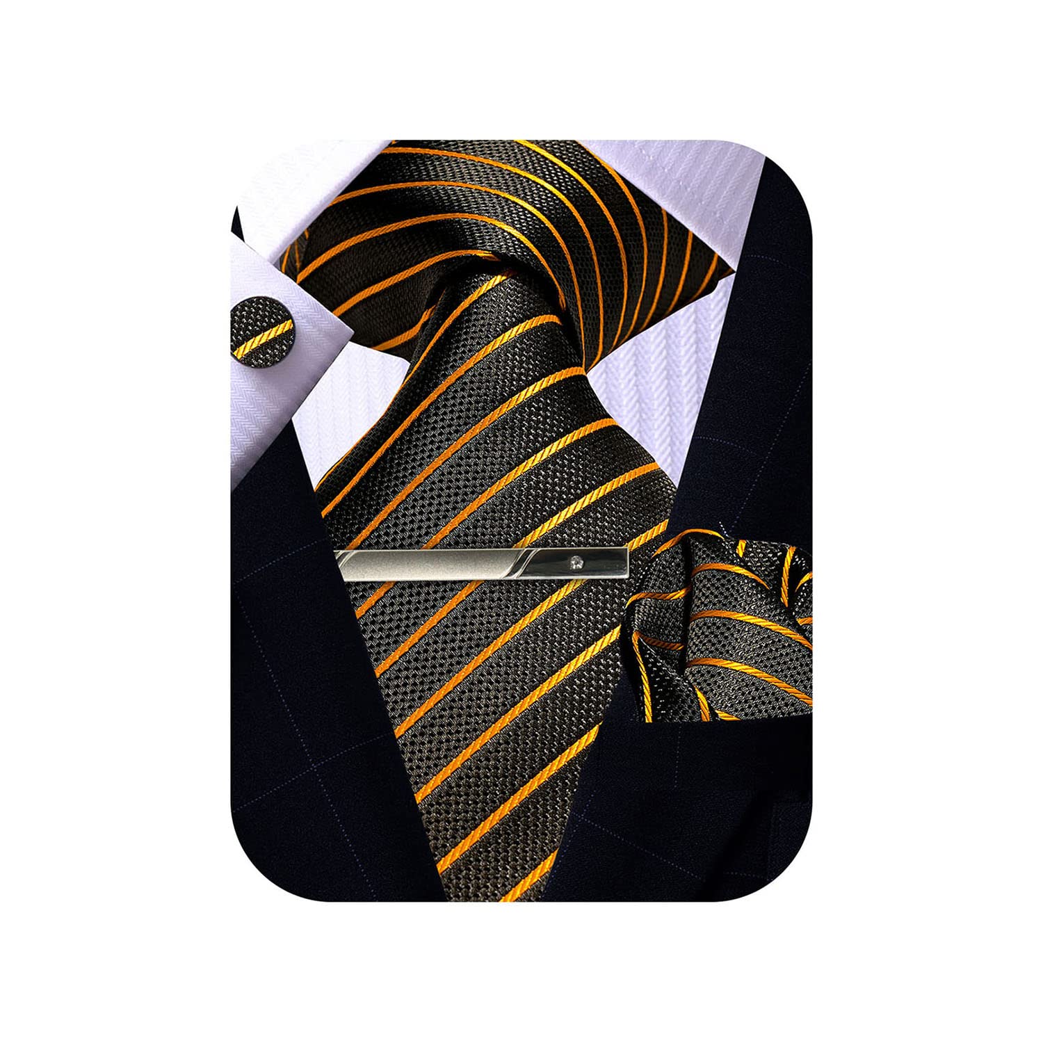 ROBERTO GABBANI Mens Gold Blue Tie Pocket Square Cufflinks Clip Set, Silk Plaid Necktie with Handkerchief Clip