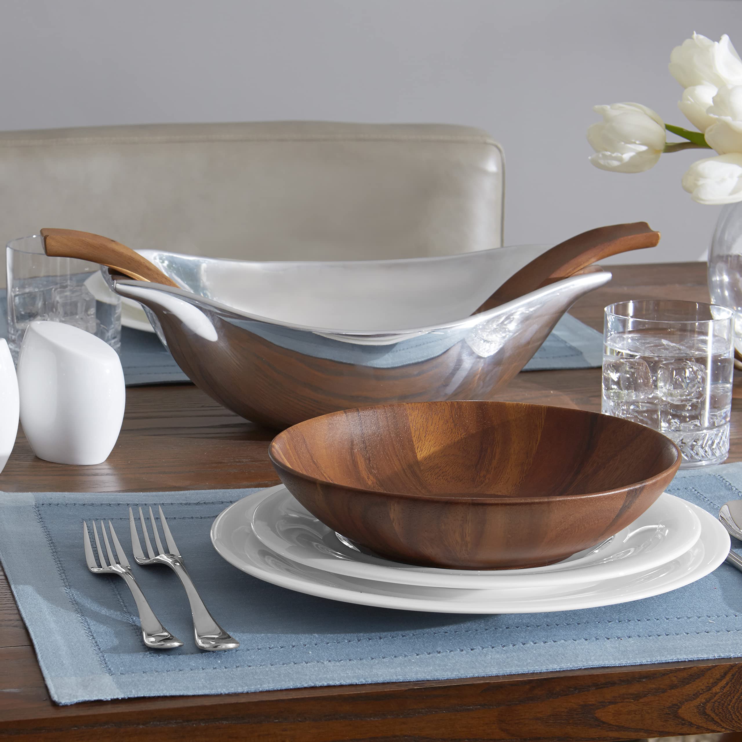 nambe Skye Wood Individual Salad Bowl | Mini Salad Bowls for Serving Salad, Pasta, Fruit, Nuts, Candy | Made of Acacia Wood | 9β D x 2β H | Designed by Robin Levien
