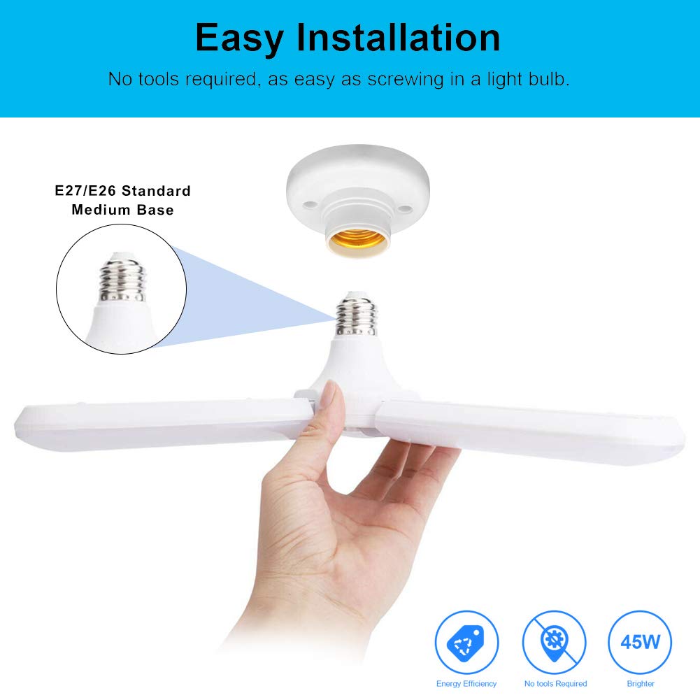 LED Garage Lights 45W E27/E26 Deformable Led Garage Ceiling Lighting 4500LM Daylight Light Bulbs LED Shop Lights for Garage,Warehouse,Workshop,Barn,Full Area,Basement (6000K-6500K,3 Adjustable Panel)