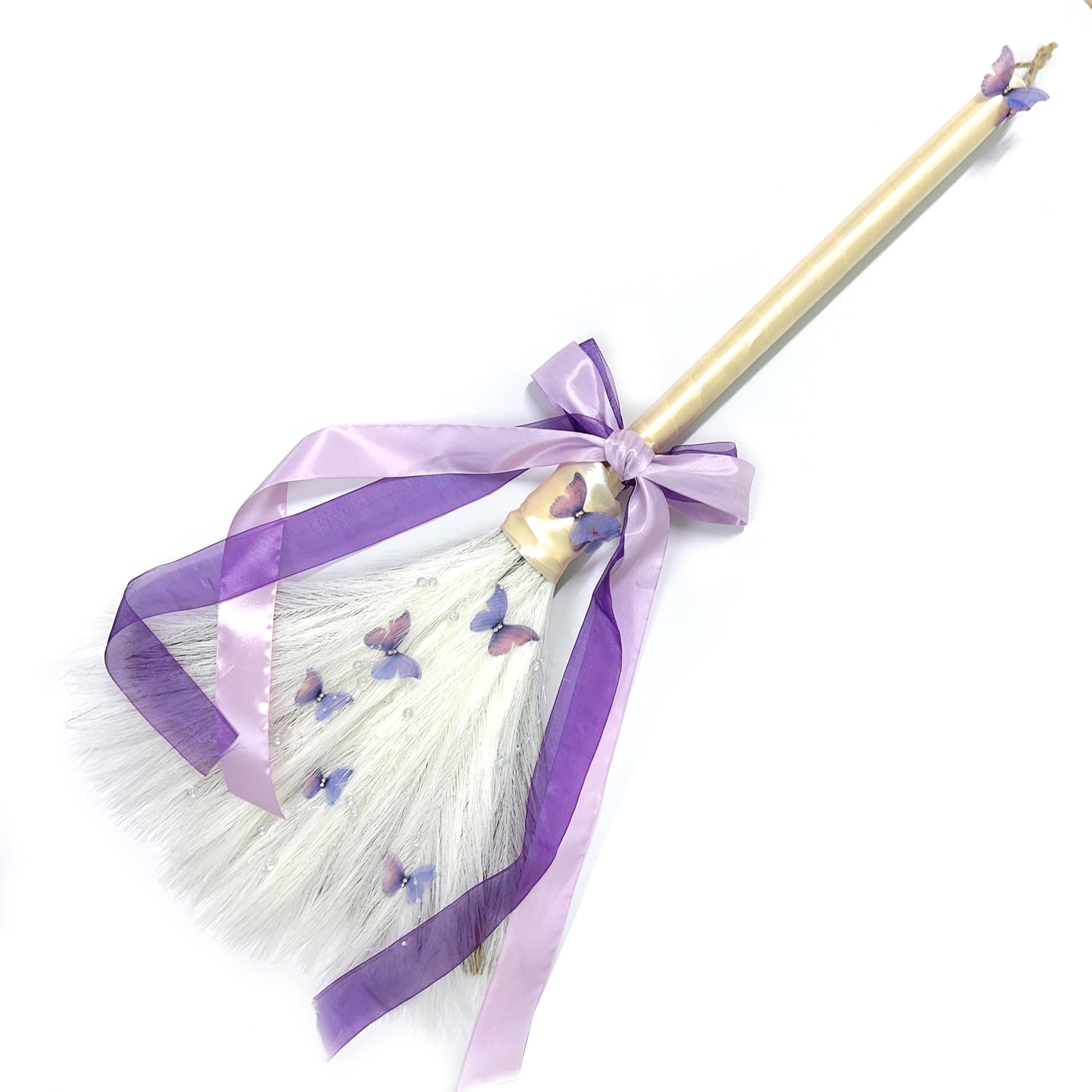 Wedding Broom Jumping Broom for Wedding Ceremony 28 inch Tall Whisk Brooms with Straw White Pampas Grass, Purple Butterfly/Ribbons (Finish Product)