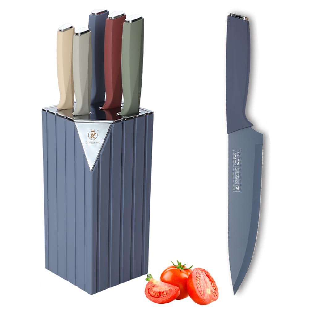 Knife Set, 6 Pcs Black Kitchen Knife Set with Block, Anti-Rust Coating Stainless Steel Knife Block Set for Kitchen, Super Sharp Kitchen Knives with Stand, Cooking Knives for Kitchen with Gift Box