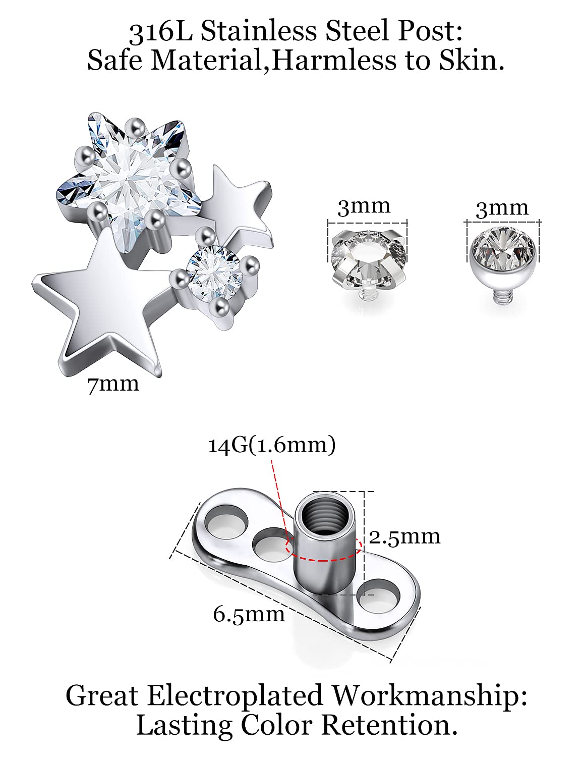 Leiainely Dermal Piercing Jewelry Dermal Tops Dermal Jewelry Dermal Top Dermal Piercing Kit Surface Piercing Jewelry Surface Tragus Jewelry 14 Gauge Dermal Anchor Titanium Replacement Microdermals