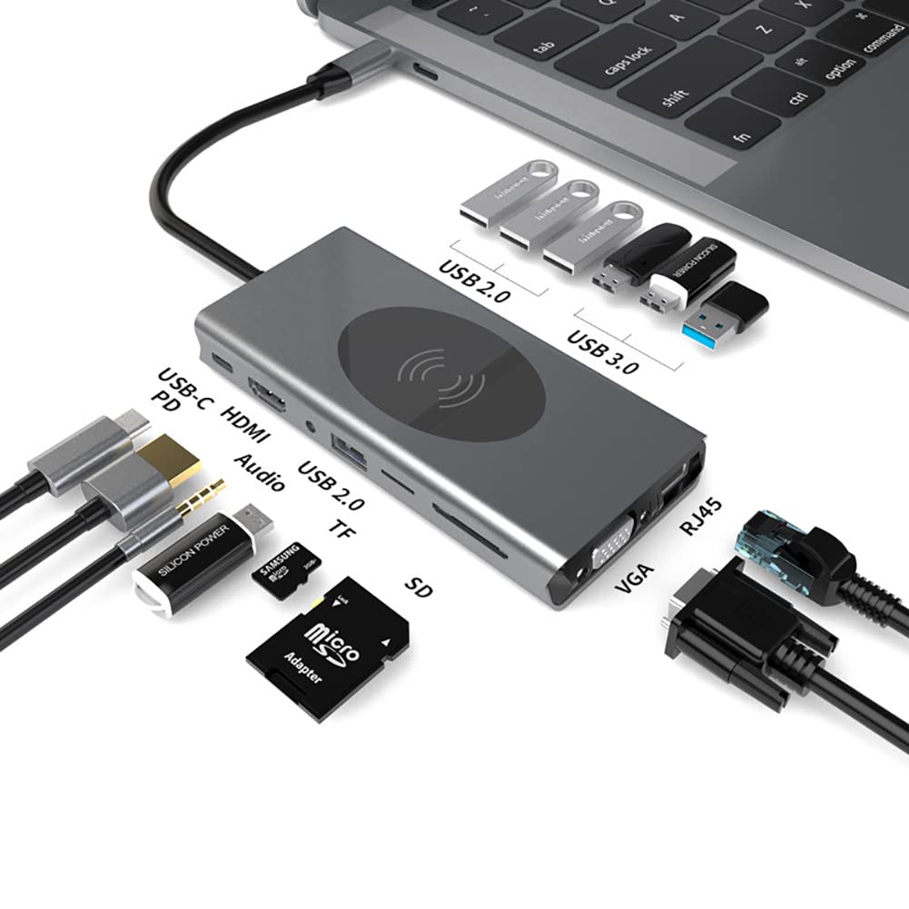 USB C Hub,USB-C Laptop Docking Station,15 in 1 Type C Adapter Compatible for MacBook and Windows(HDMI VGA PD3.0 SD TF Card Reader Gigabit Ethernet USB Ports)