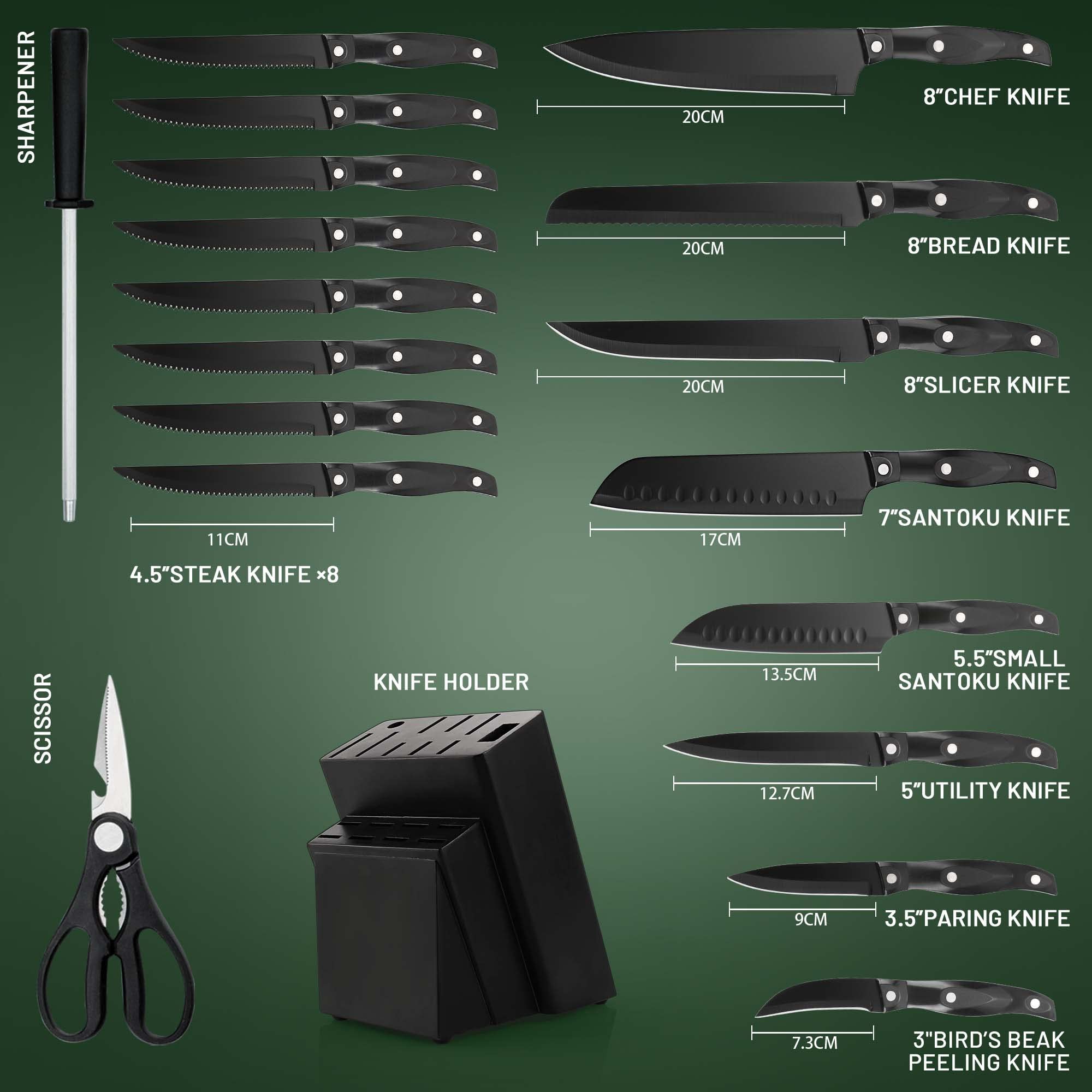 Knife Set,19 Pieces Kitchen Knife Set with Wooden Block,High Carbon Stainless Steel Knife Block Set,Ultra Sharp, Full-Tang Design with Black Coating