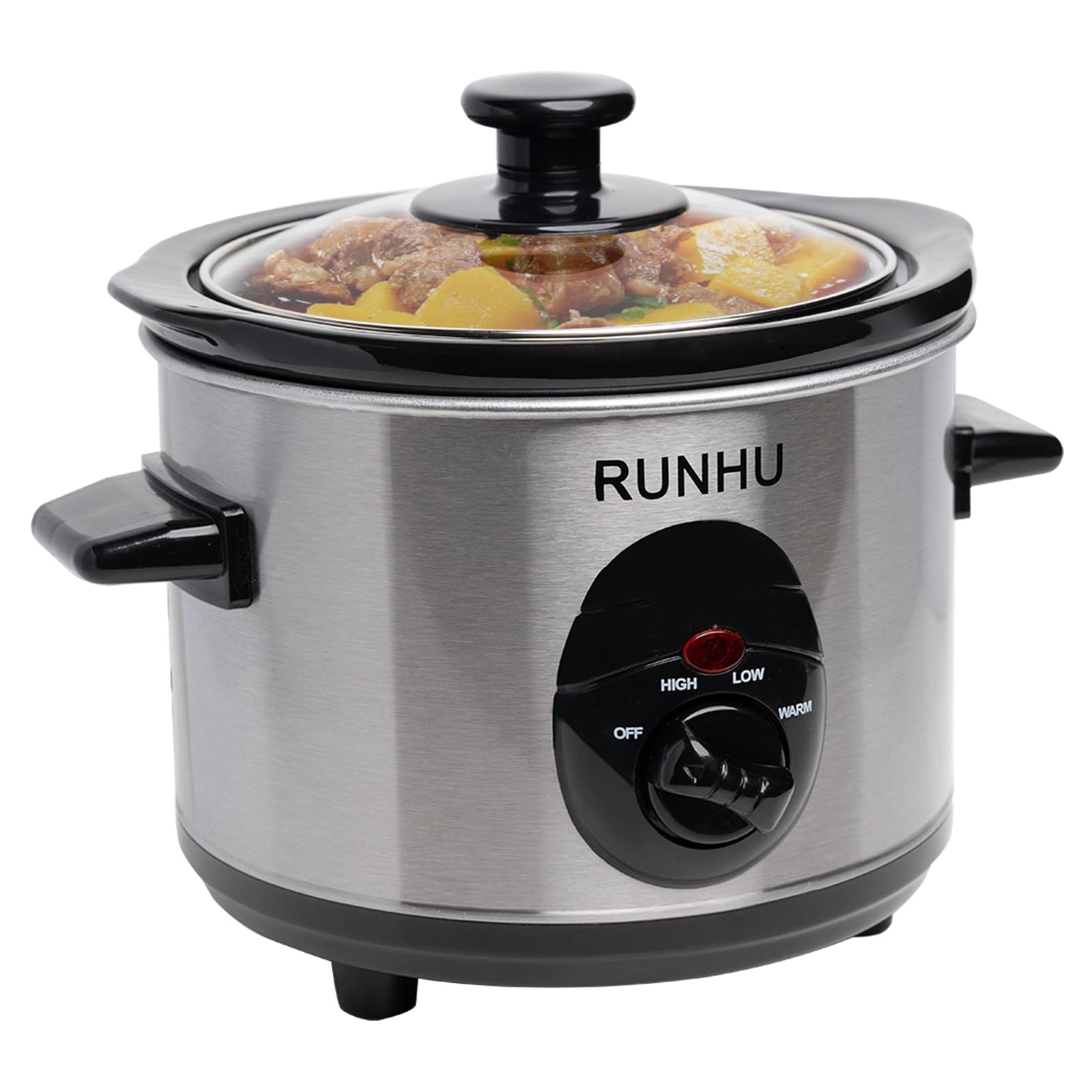 RUNHU Slow Cooker, 1.5-Quart Ceramic Pot with Auto Warm and Adjustable Temp, Entrees, Sauces, Stews & Dips, Dishwasher Safe, Nutrient Loss Reduction, Round, Stainless Steel
