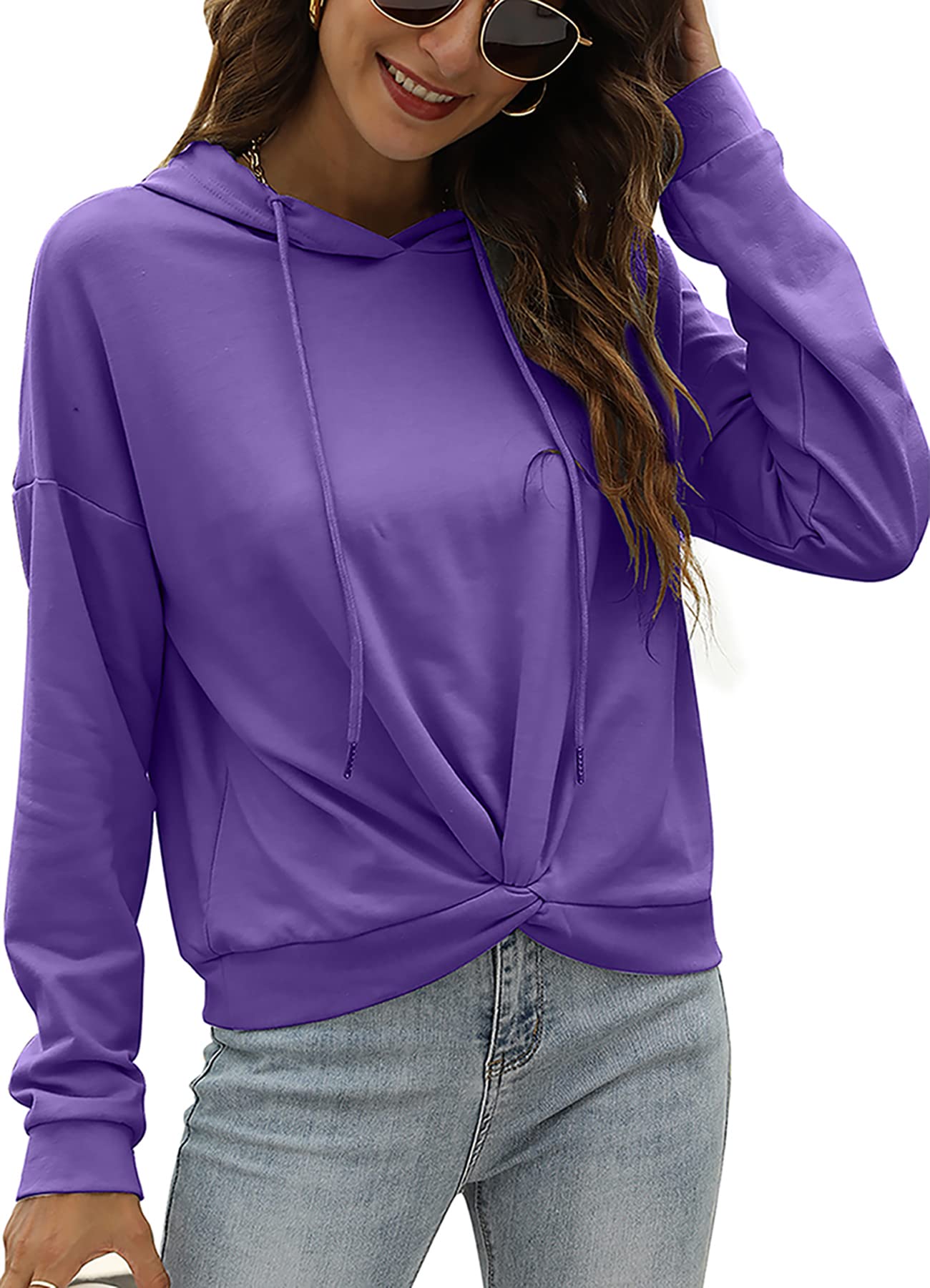 LUKYCILD Women's Twist Cropped Hoodie Casual Long Sleeve Drawstring Crop Top Sweatshirt Pullover Purple
