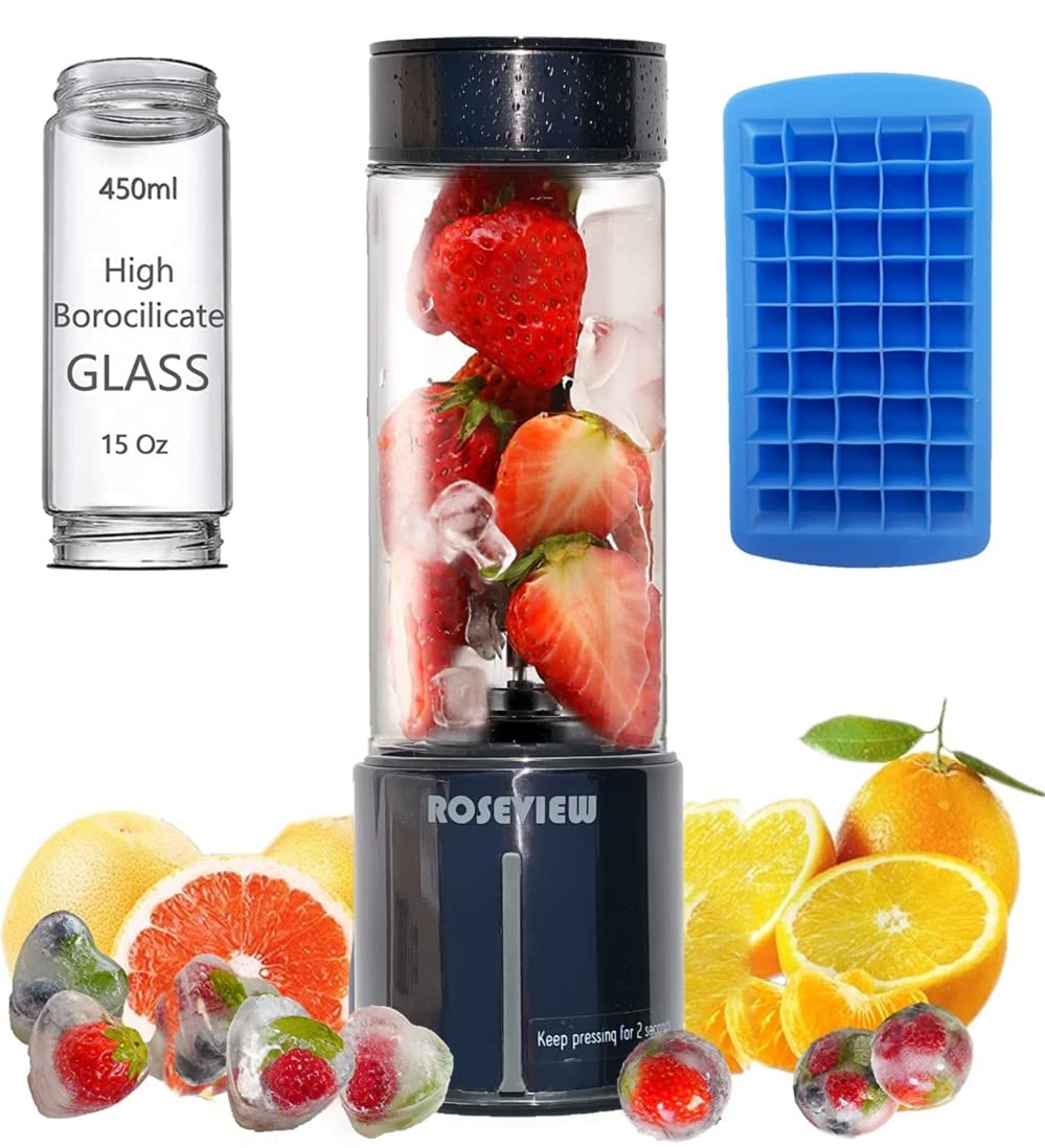 Portable Smoothie blender Glass bottle Mini USB rechargeable 2 battery Handheld Shakes blend Cup USB juicer Cordless (Jet Black)