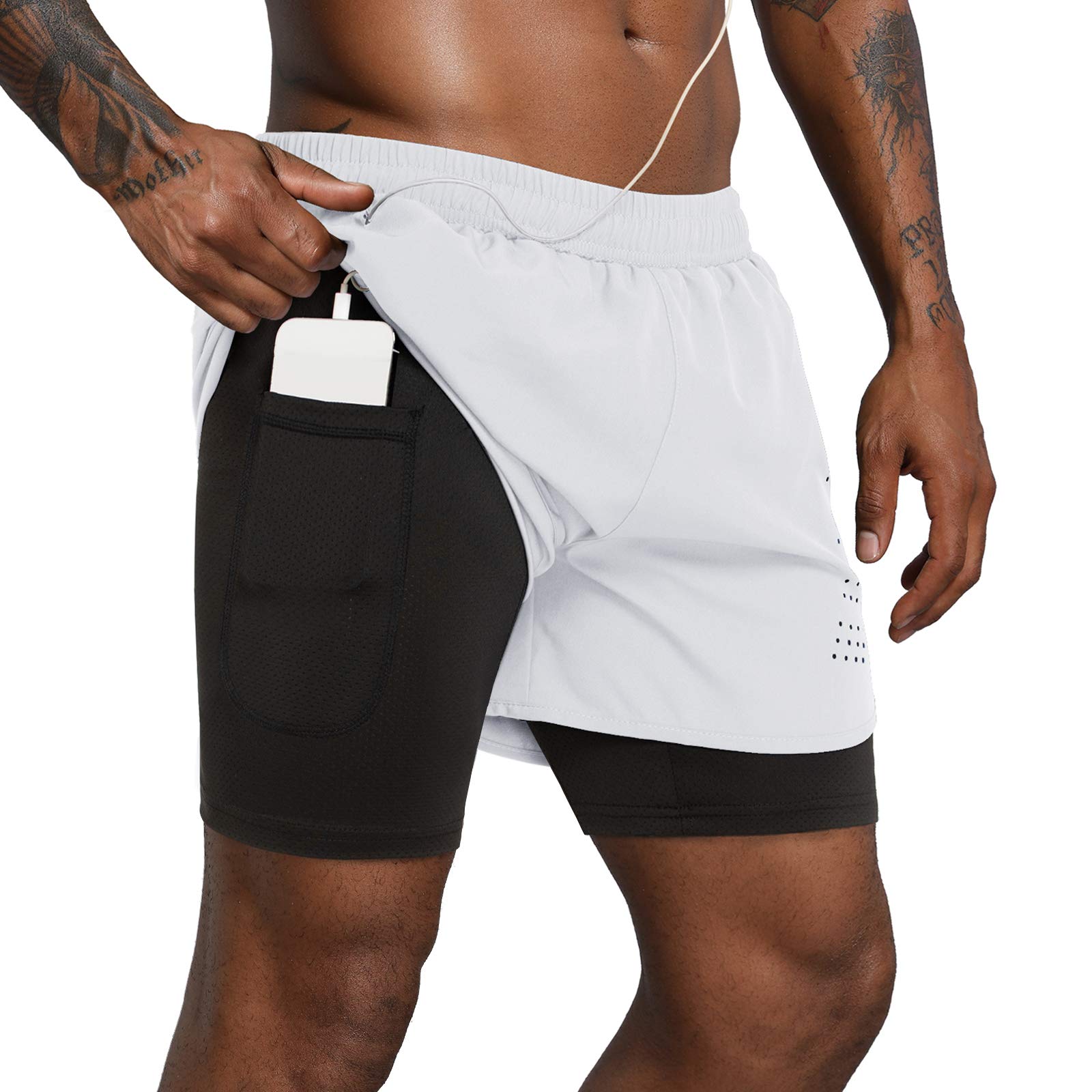 Lulucleaf Running Shorts for Men with Liner Mens 2 in 1 Workout Athletic Yoga Shorts (White, L)