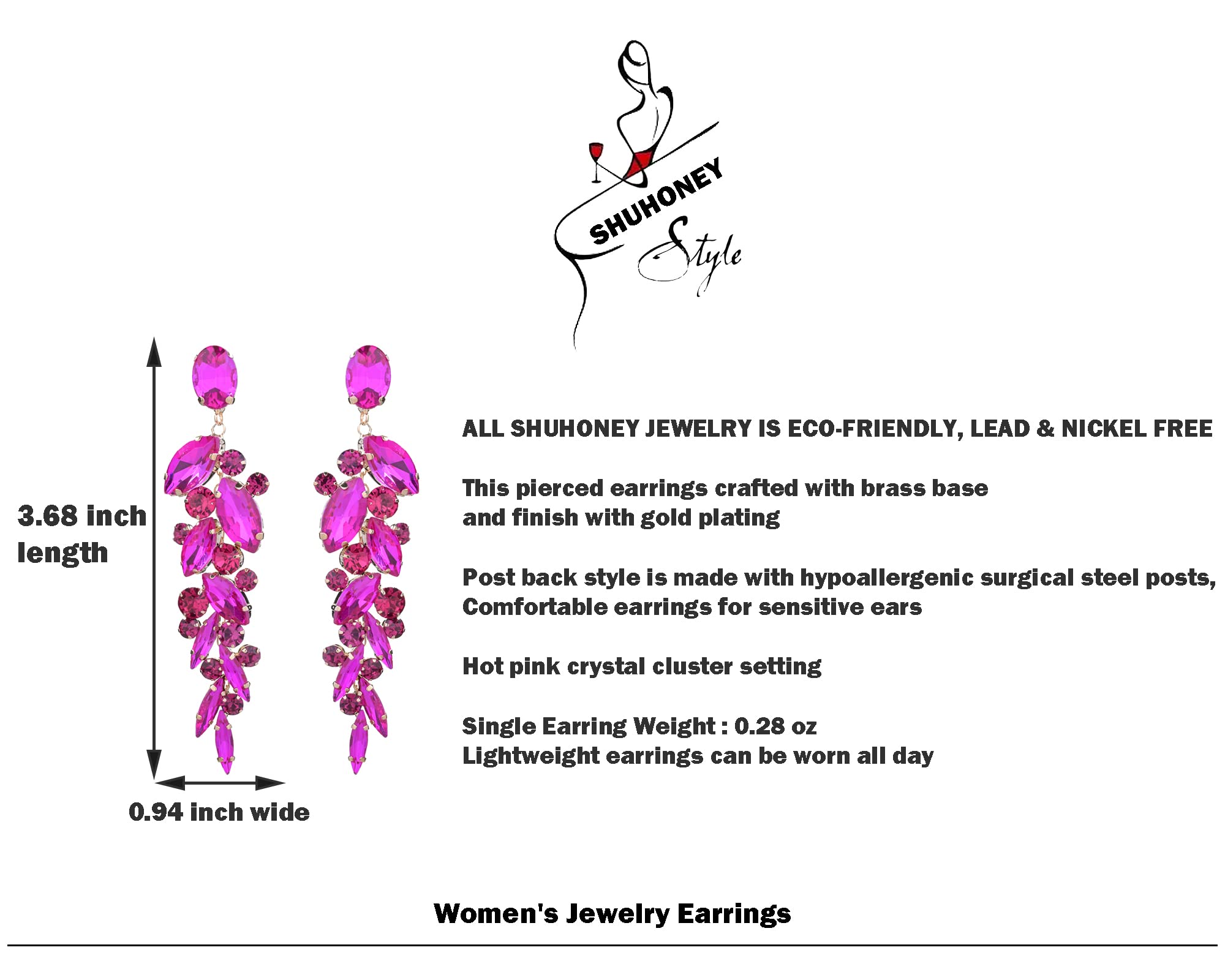 Rhinestone Fashion Statement Dangle Earrings Sparkly Hot Pink Marquise Crystal Drop Earrings for Women Wedding Prom