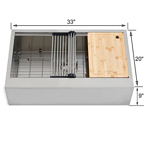 SHACO 33 Inch Farmhouse Sink, 33x20x9 Stainless Steel Farmhouse Kitchen Sink, 9 Inch Deep Brushed Nickel Single Bowl Ledge Workstation Sink, Apron Front Farm Sink with Cutting Board