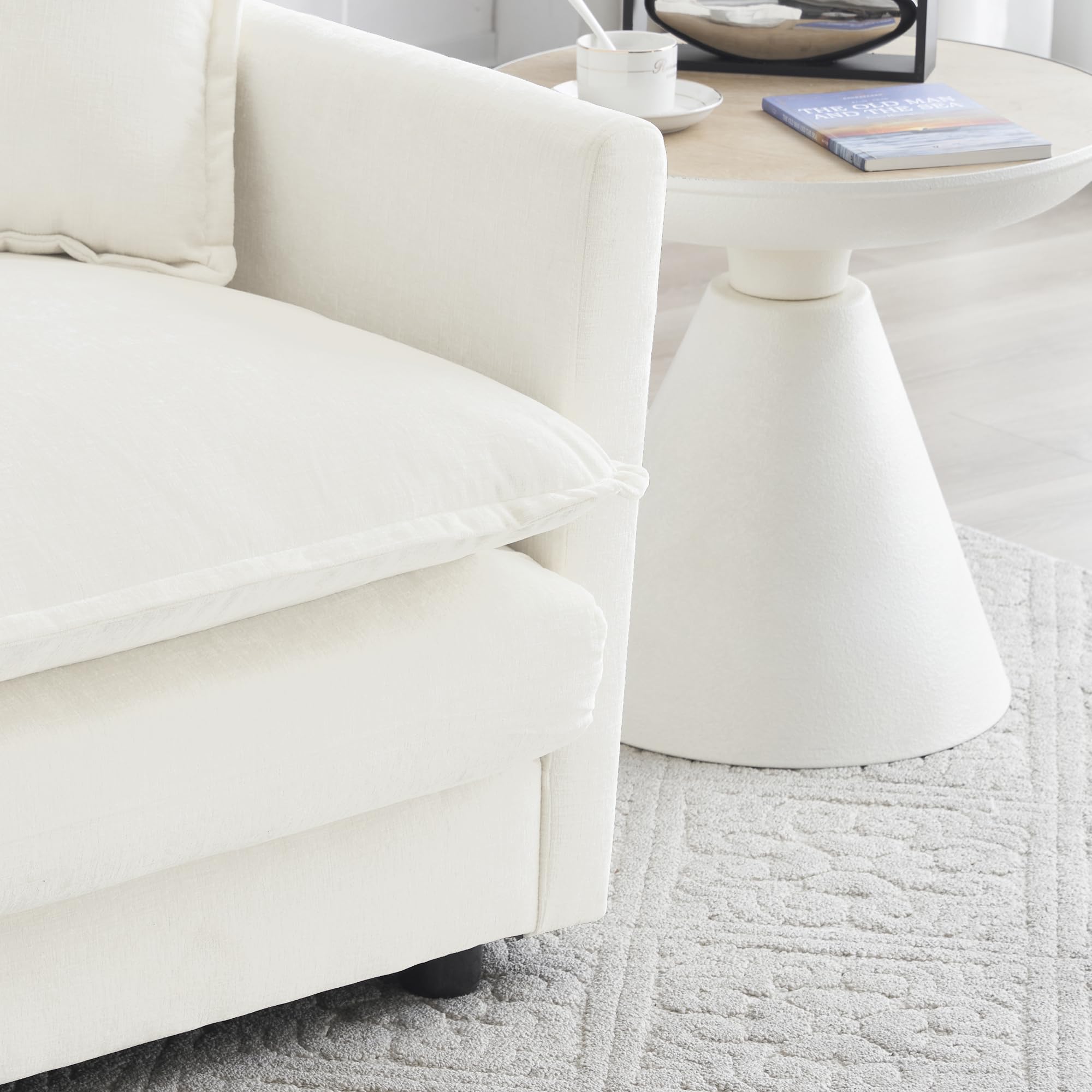 WILLIAMSPACE 41" Single Sofa Chair with Moveable Ottoman, Modern Upholstered Armchair with 1 Toss Pillow, Accent Chair for Living Room Deep Seat Reading Sofa for Bedroom, Chenille (Cream White)