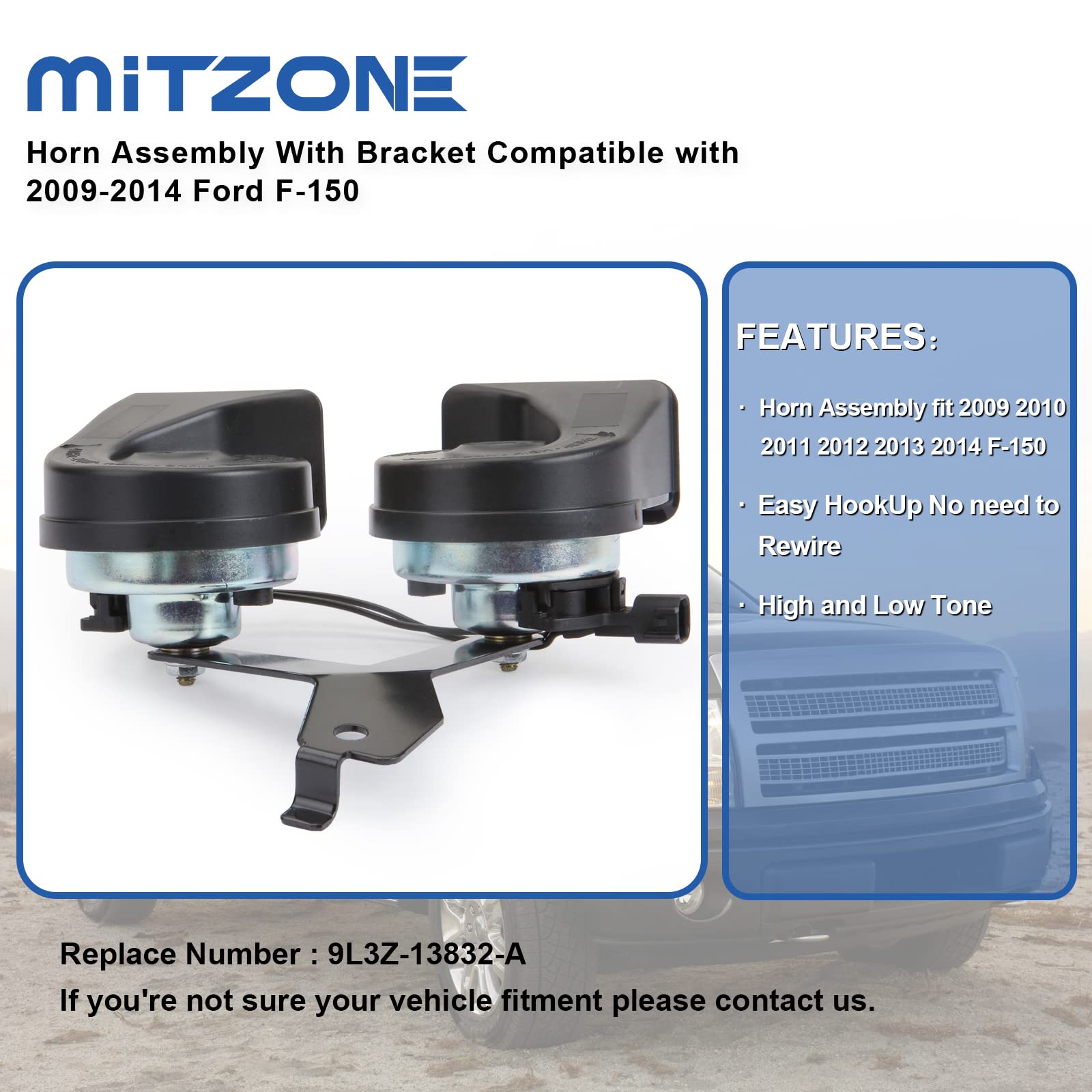 MITZONE Horn Assembly with Bracket Compatible with 2009-2014 Ford F-150 Replace 9L3Z-13832-A