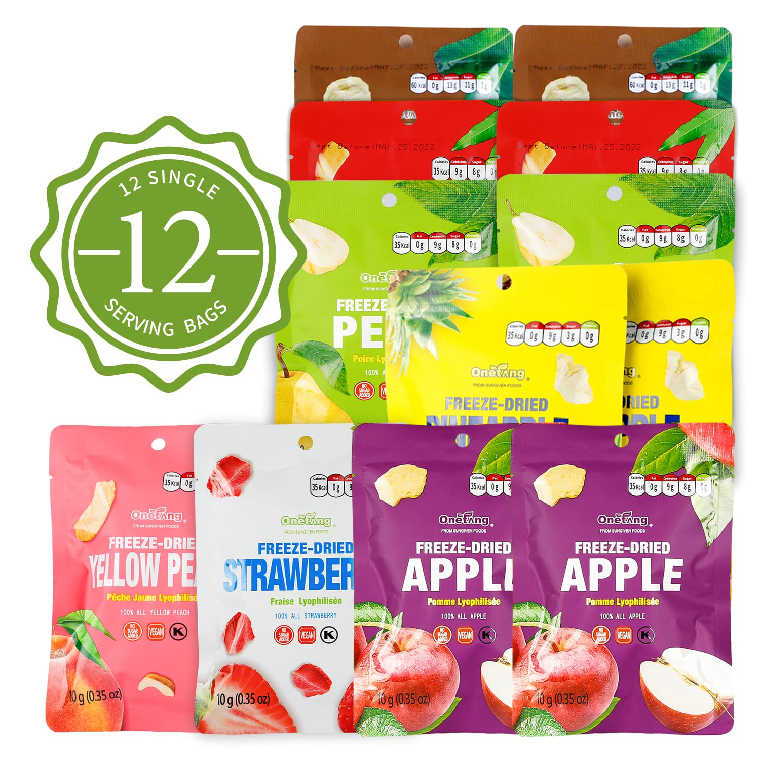ONETANG Freeze-Dried Mixed Fruit, 12 Pack Single-Serve Pack, Non GMO, Kosher, No Add Sugar, Gluten free, Vegan, Holiday Gifts, Healthy Snack 0.35 Ounce