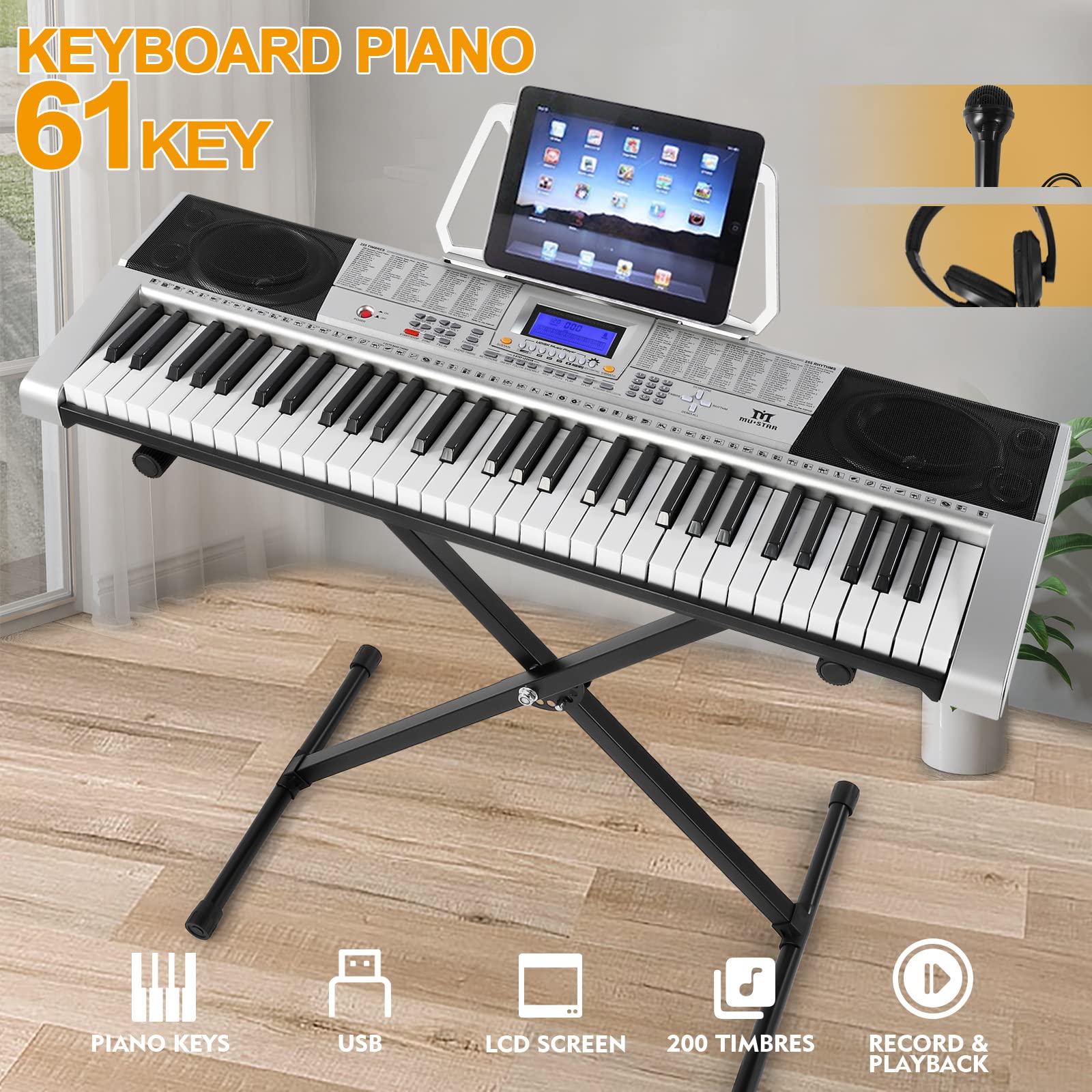 MUSTAR 61 Key Piano Keyboard, MEKS-400 Electric Piano Keyboard with Lighted Up Keys, Learning Keyboards Piano for Beginners, Piano Stand, LCD Screen, Headphones, Microphone, Kids Birthday Gifts