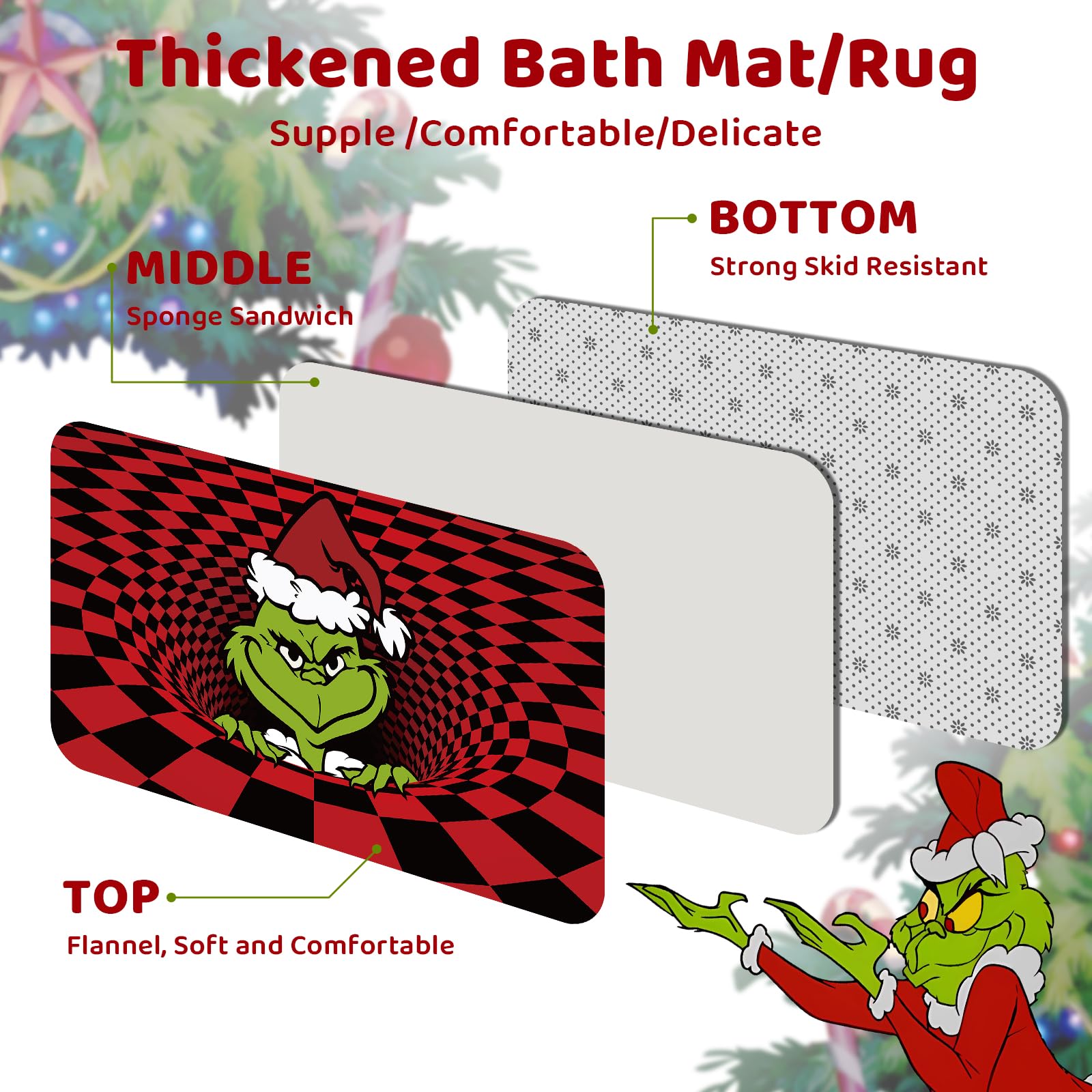 Jyumini 4Pcs Christmas Shower Curtain Sets with Non-Slip Rugs, Toilet Lid Cover and Non-Slip U Shape Bath Mat, Bathroom Sets with 12 Hooks Xmas Holiday Home Decor