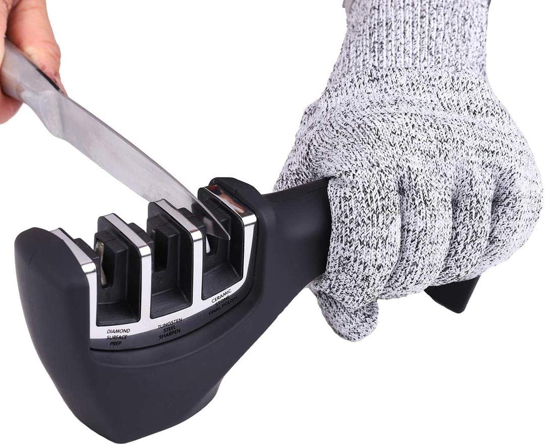 Melfi Premium Knife Sharpener, 3-Stage, Kitchen Knife Accessories, Helps Repair, Polish & Restore, Handled, Cut Resistant Glove