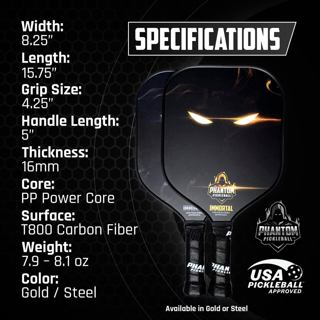 Phantom Immortal Carbon Fiber Wide Body Pickleball Paddles - Max Grit and Spin - USAPA Approved β Pickleball Rackets - Pickle-Ball Equipment with Polypropylene Core β Lightweight (Gold)