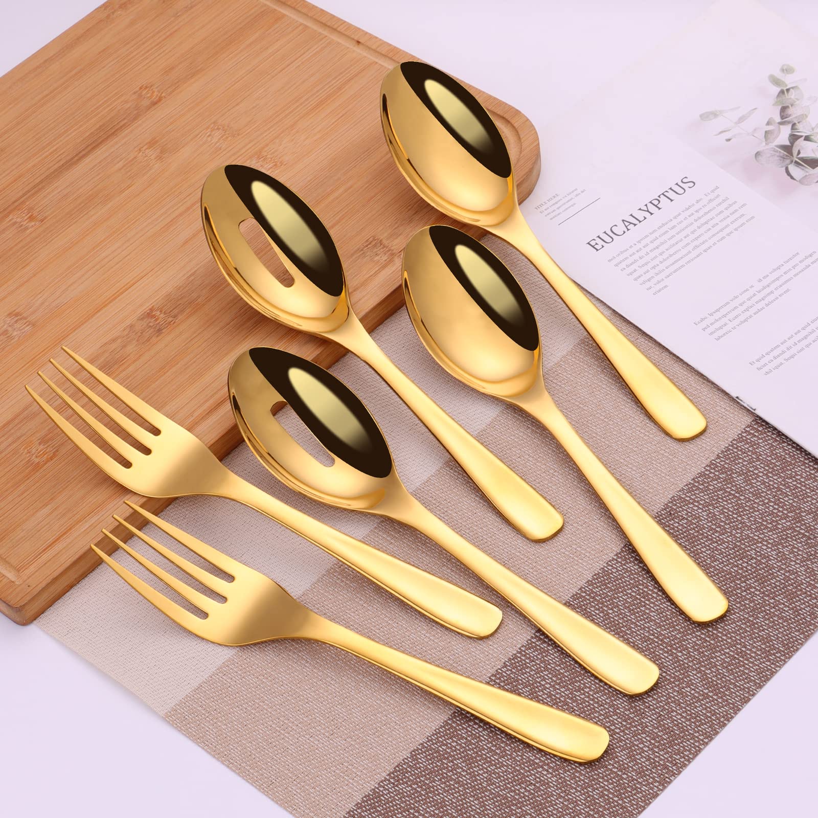 Mafier 10 Inch Stainless Steel Catering Serving Utensils for Party Buffet Dinner Banquet Cooking Kitchen Basics,Including Serving Spoon x 2,Slotted Serving Spoon x 2,Serving Forks x 2(Gold)