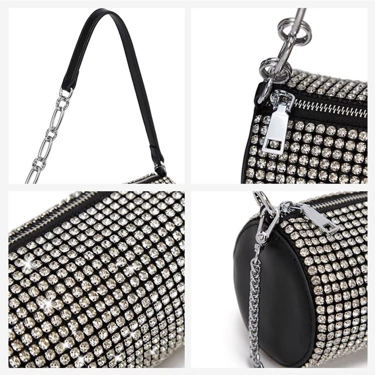 Rhinestone Purse Round Barrel Shape Women Blingbling Sparkle Crystal Clutch Shoulder Top Handle Handbag Chain Party Prom Boston Bucket